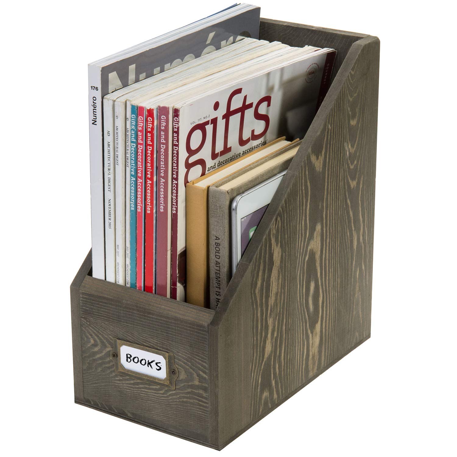 MyGift Vintage Gray Wood Magazine File Holder, Office Document Folder and Paper Organizer Bin with Metal Label Holder