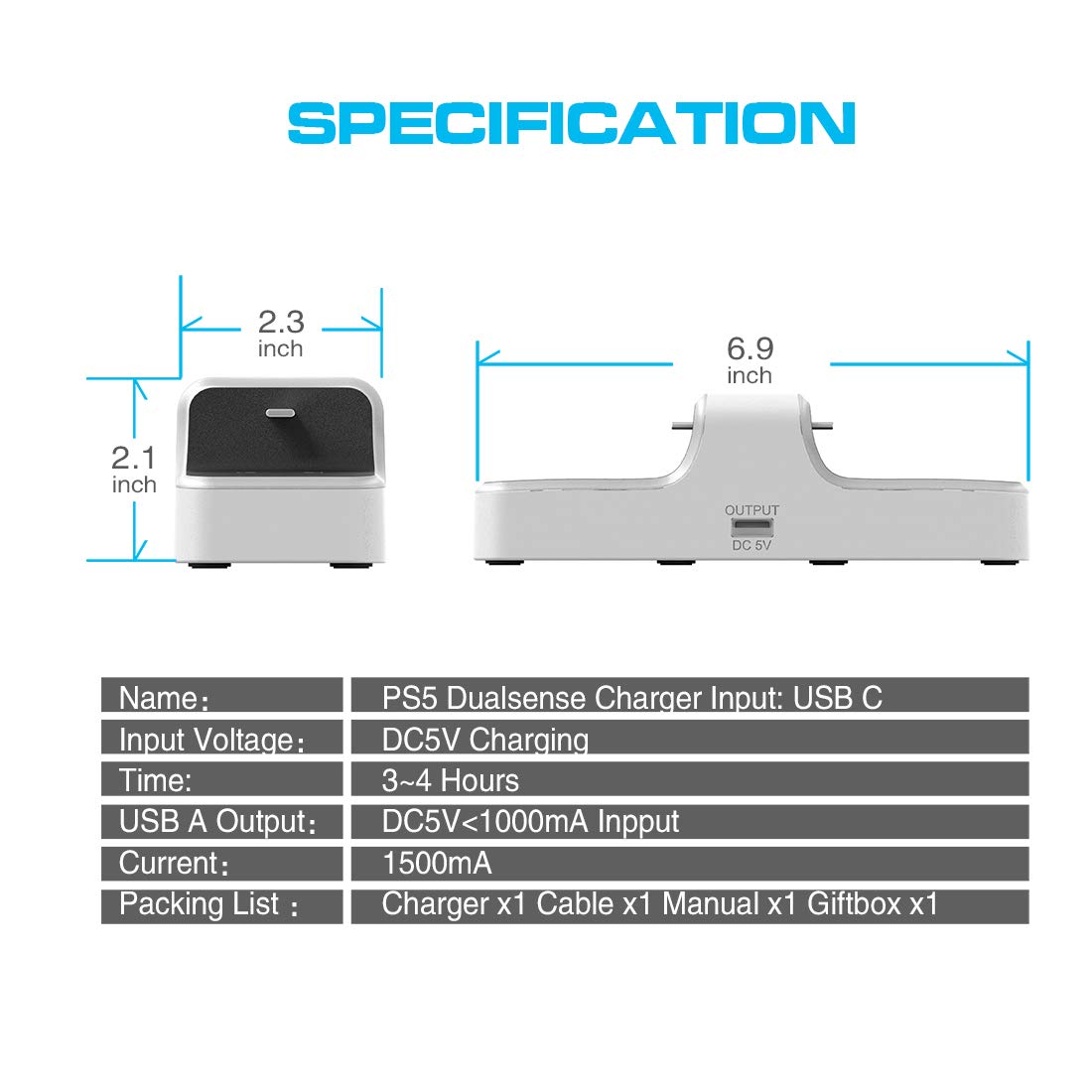 Newest PS5 Controller Charger, Dual USB Type C Fast Playstation 5 Charging Station Dock with LED Indicator, Safety Chip Protection, for Sony DualSense Controller, WAKEYBOO