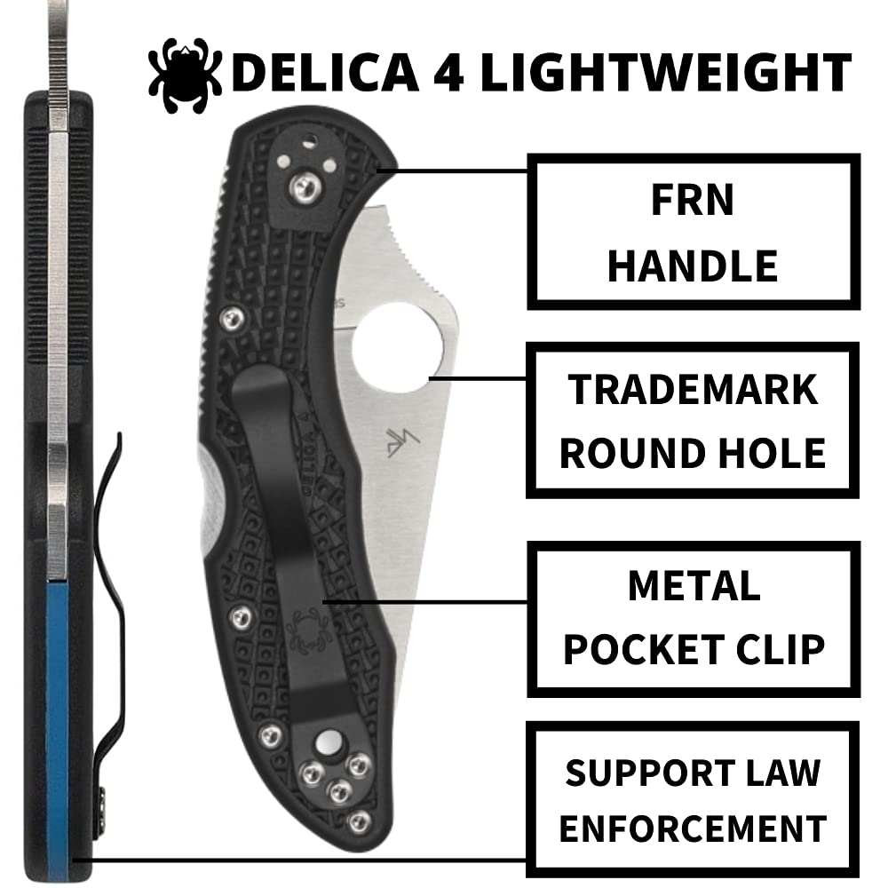 Spyderco Delica 4 Lightweight Knife with Flat Ground Steel Blade and Tunnel to Towers Black FRN Handle - CombinationEdge - C11FPSBKBL