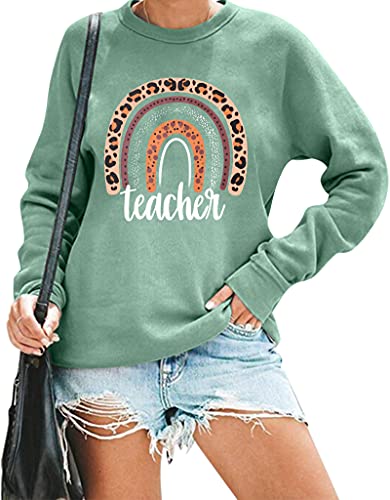 MOUSYA Women Teacher Sweatshirt Leopard Rainbow Graphic Long Sleeve Shirt Inspirational Pullover Casual Tops Blouse (green, xx-large)