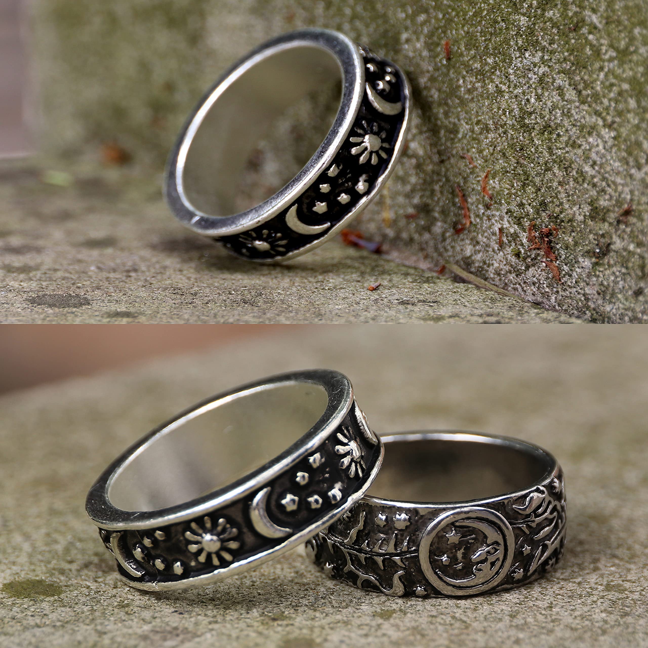 MYLY 2PCS Stainless Steel Sun Moon Rings for Women Men,Sun Ring,Moon Ring for Women Men (A, 7)