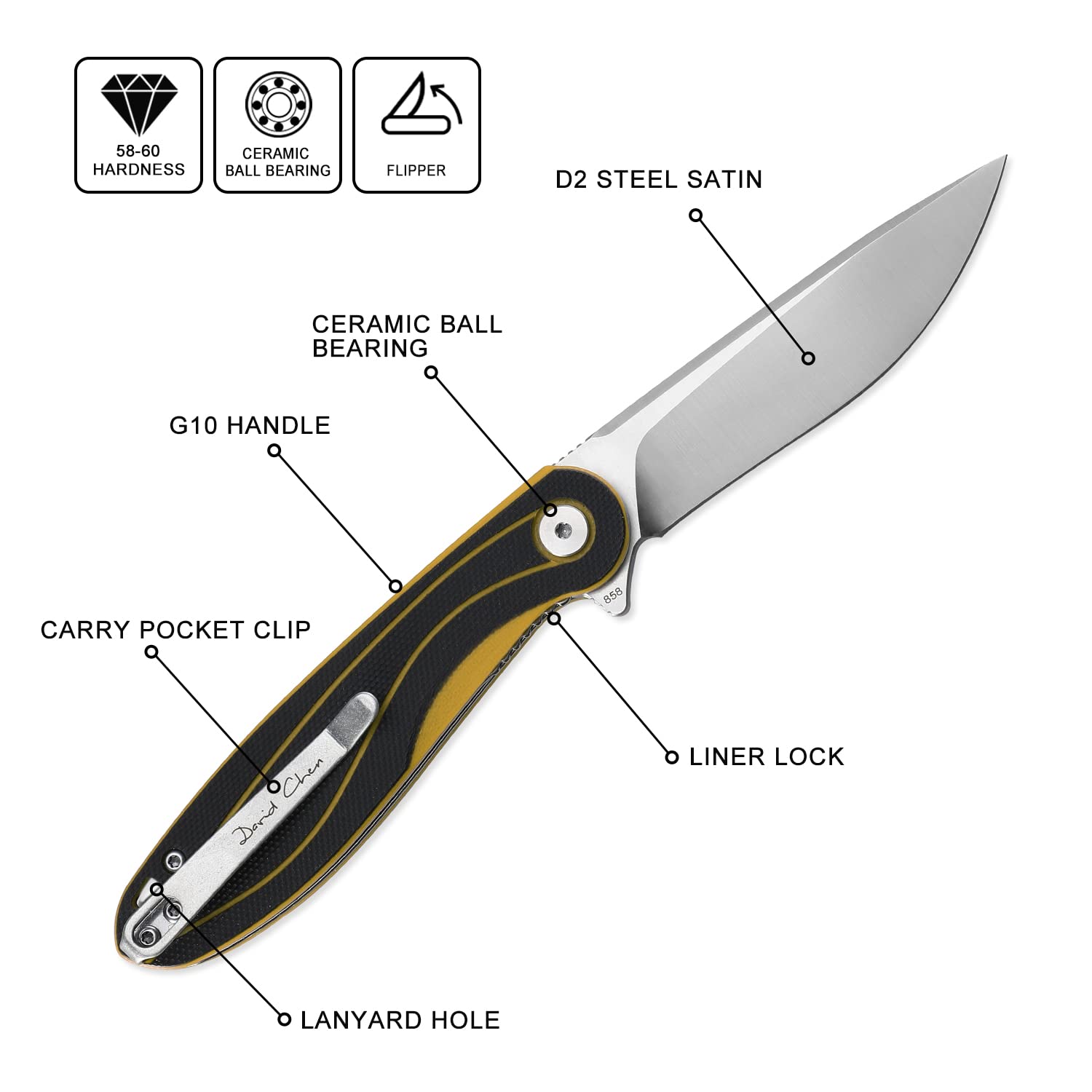 Petrified fish PF858 G10 handle D2 steel folding knife outdoor camping hunting Multifunction EDC tool Survival knives (Yellow)