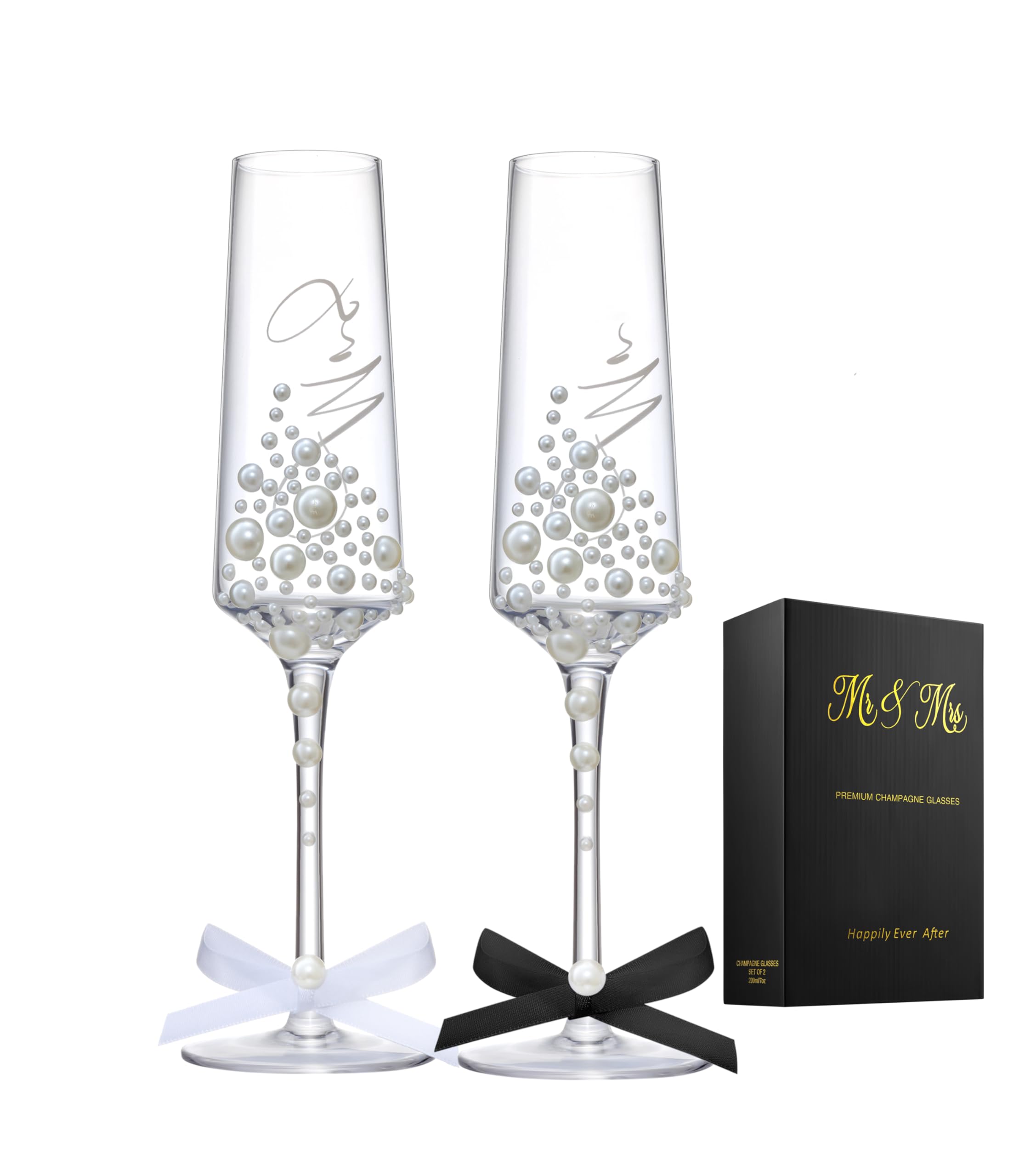 Personalized Mr and Mrs Wedding Champagne Flutes with Long Stem,Handcraft Bridal Shower Gift,Cute 7oz Bride and Groom Toasting Glass Set of 2, Unique Gift for Anniversary, Engagement Gifts for Couples