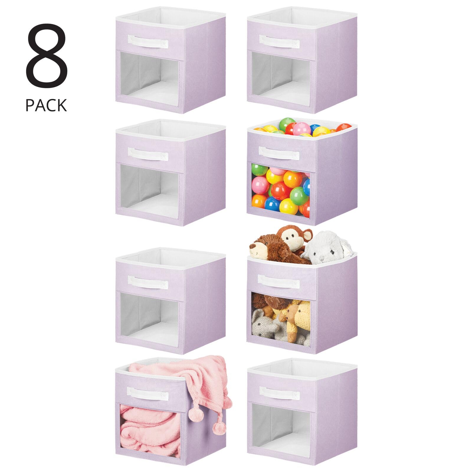 mDesign Fabric Nursery/Playroom Closet Storage Organizer Bin Box with Front Handle/Window for Cube Furniture Shelving Unit, Hold Toys, Clothes, Diapers, Bibs, Jane Collection, 8 Pack, Lt. Purple/White