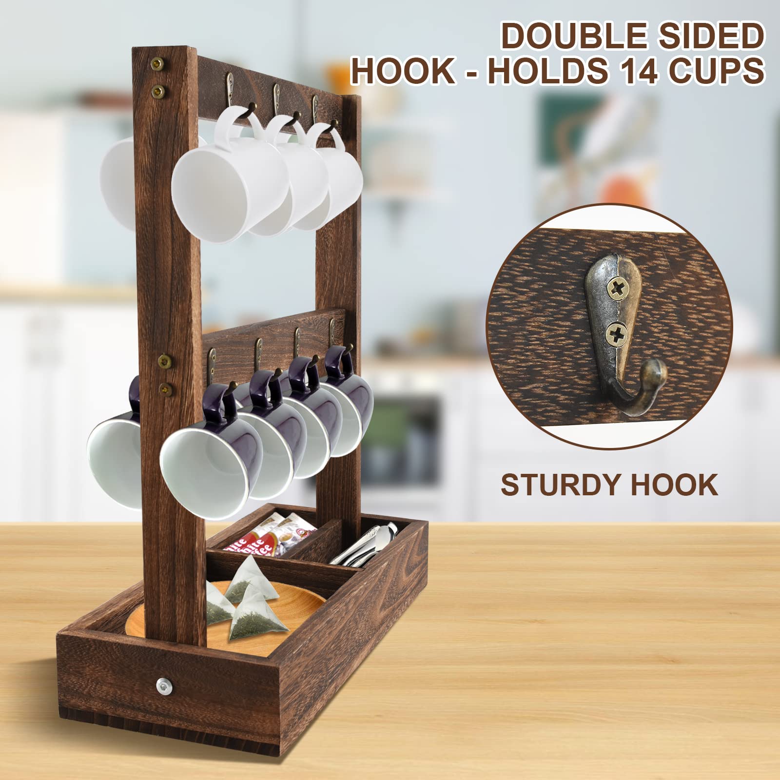 OHCCYML Rustic Coffee Mug Holder, 2 Tier Wood Coffee Cup Holder with Double Sided Hooks for 14 Mugs, Coffee Mug Organizer Stand Rack for Countertop, Display, Kitchen