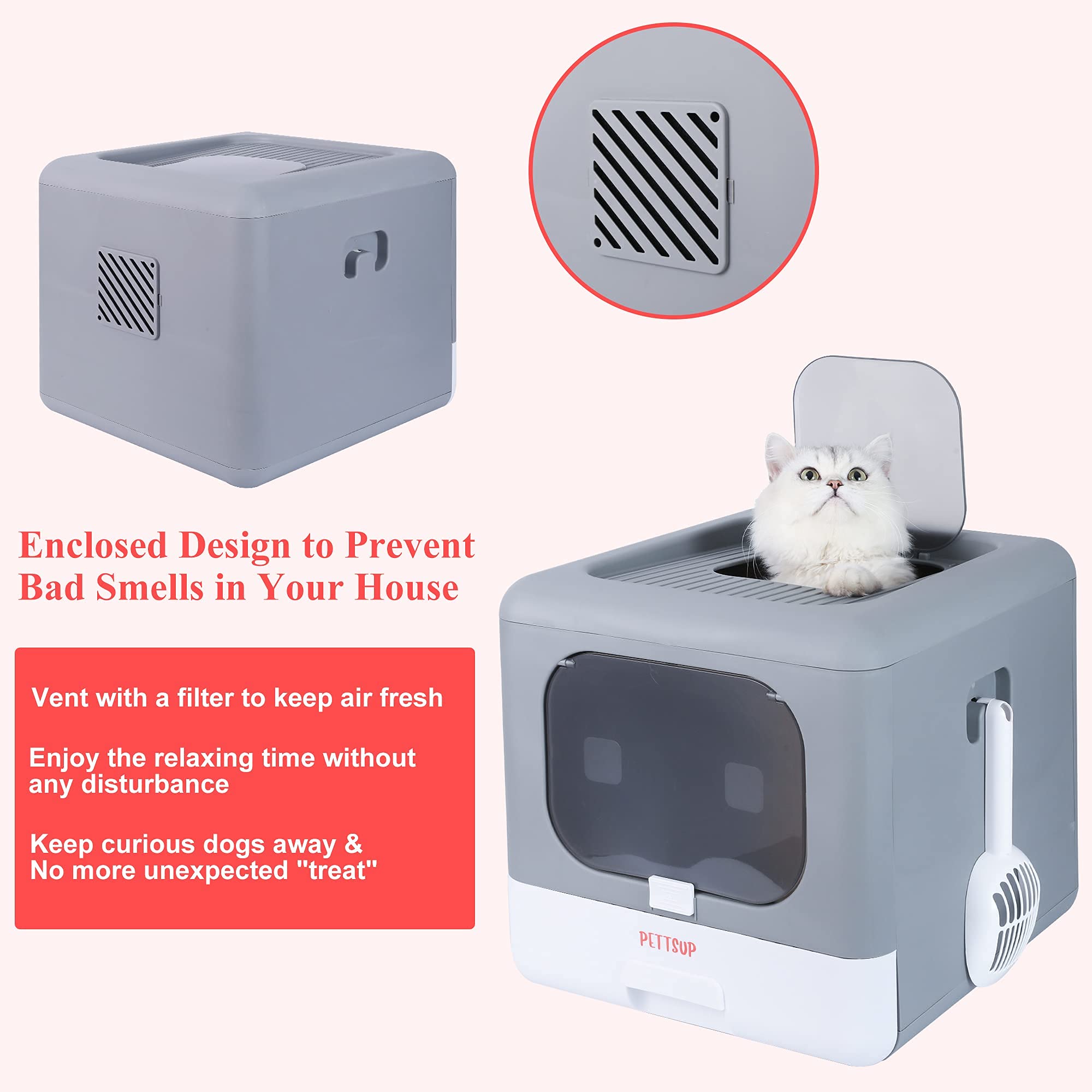 Pettsup Cute Cat Litter Box (Cube Robot), with Front and Top Entry Door, Enclosed Kitty Litter Box with Lid, Modern Litter Box Furniture for Indoor Cats (Grey)