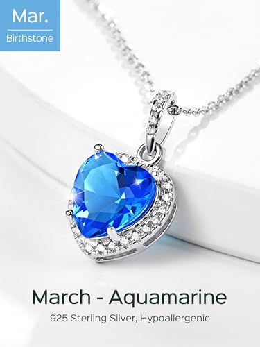 Love Heart Necklace Created March Birthstone Necklace Blue Created Aquamarine Sterling Silver Necklace