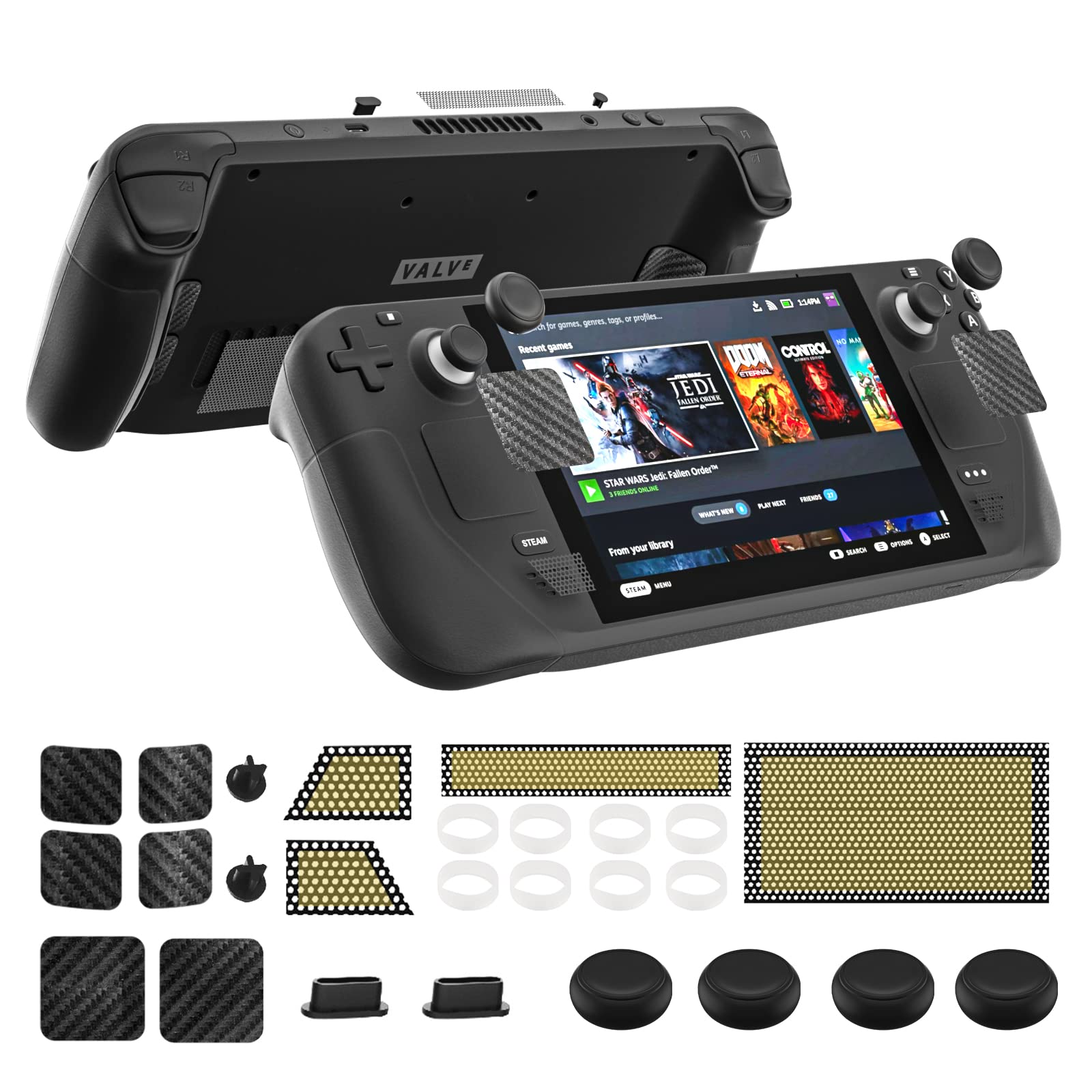 Steam Deck Accessories, Steam Deck Dust Plugs, Steam Deck Touch Protector, Steam Deck Conductive Silicone Thumb Grip Caps, Vent Dust Filter Cover with Trackpads Skins - 9 in 1