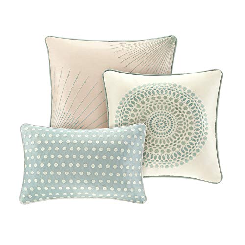 Madison Park Baxter Queen Size Bed Comforter Set Bed in A Bag - Seafoam Green Blue, Jacquard Medallion – 7 Pieces Bedding Sets – Ultra Soft Microfiber Bedroom Comforters