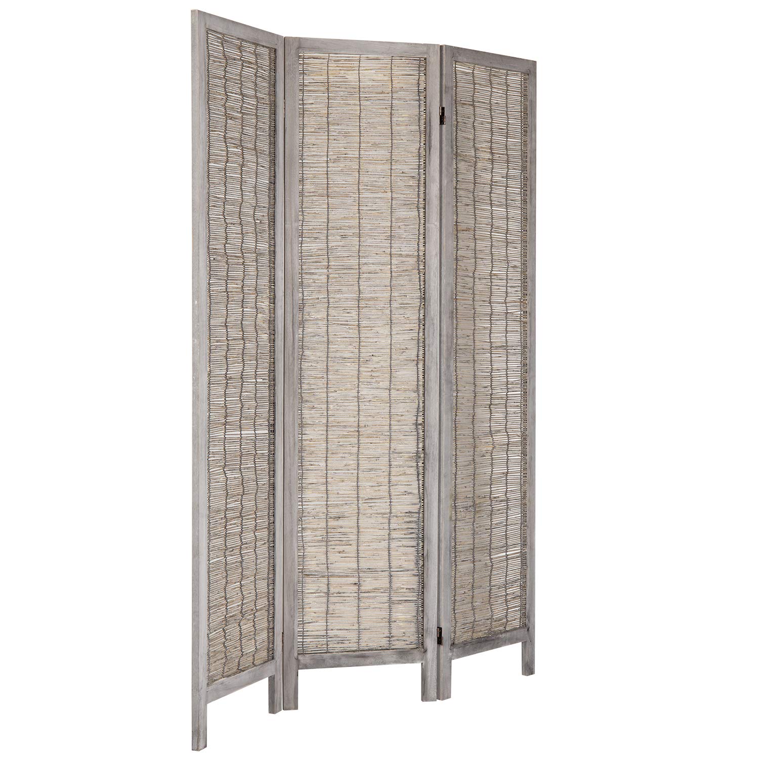 MyGift Woven Reed 3 Panel Room Divider Screen with Vintage Distressed Gray Solid Wood Frame