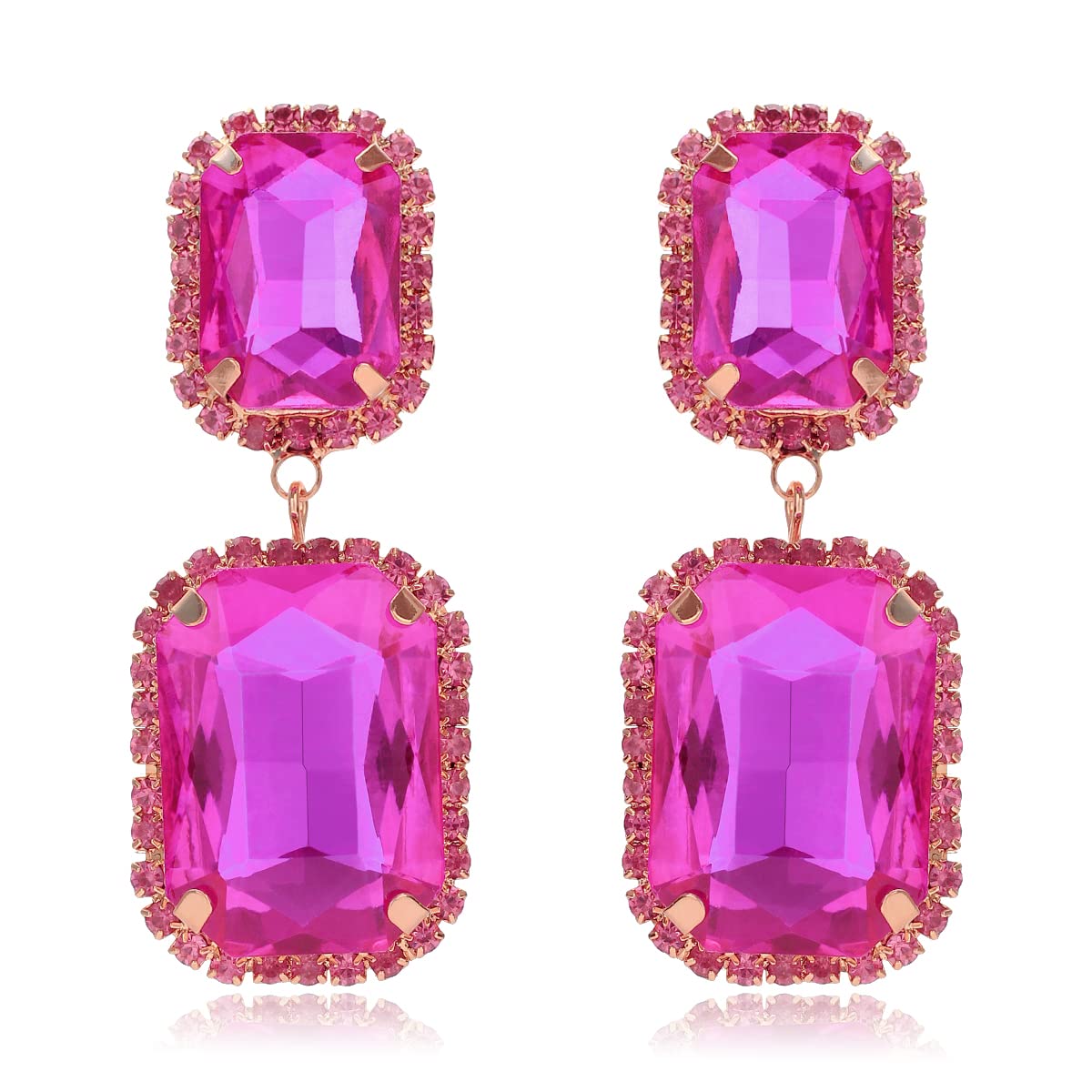 Rose Pink Crystal Chandelier Drop Earrings, Rhinestone Rectangle Statement Earrings for Women Evening Jewelry KELMALL COLLECTION