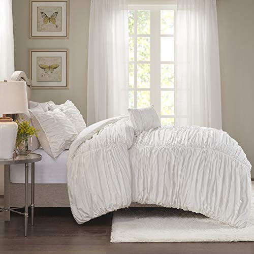 Madison Park Comforter Set-Textured Luxury Design All Season Down Alternative Bedding, Matching Sham, Decorative Pillows, King (104 in x 92 in), Delancey, Cotton Ruched White, 4 Piece