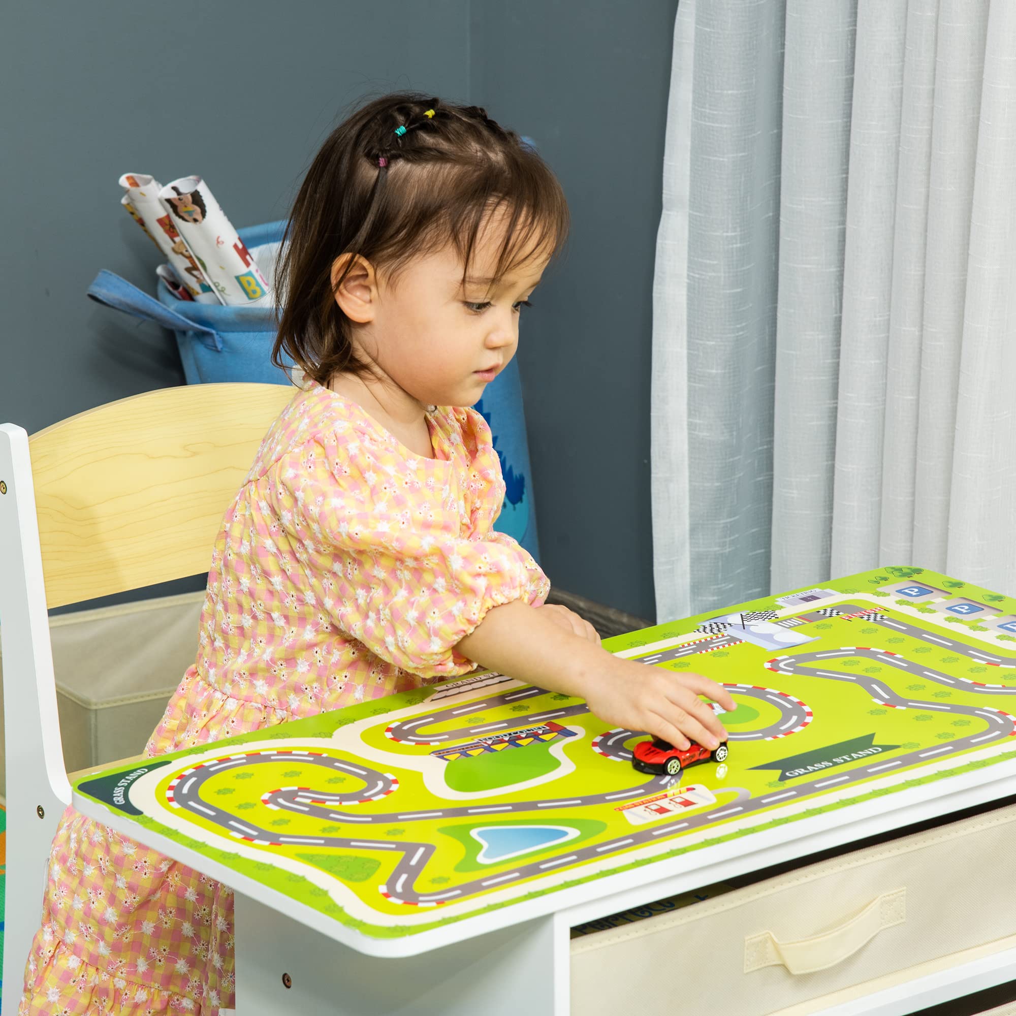 Qaba 3-in-1 Kids Activity Table and Chairs Set with 3 Surfaces Including Kids Drawing Table, Kids Building Blocks Table, Road Map with 2 Cars, Storage Baskets for Preschool Children