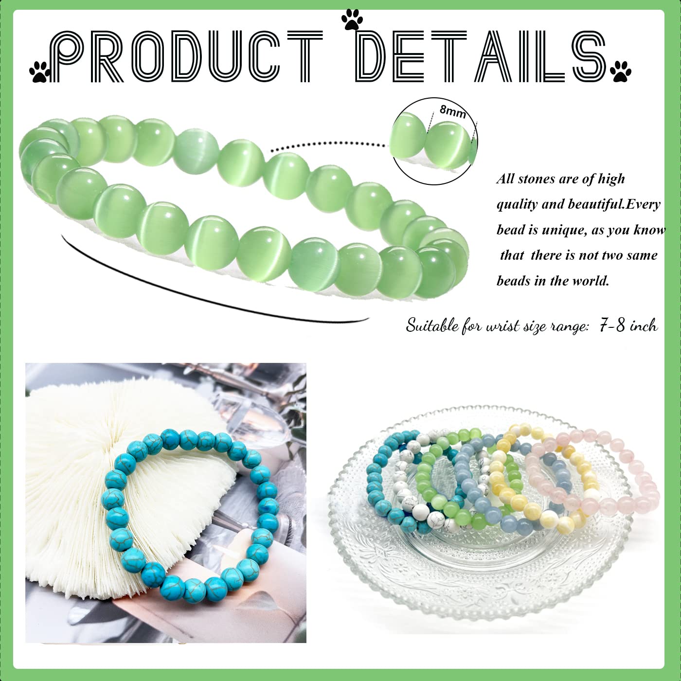 SROBENZ 14 Pcs 8mm Gemstone Beaded Bracelets for Men Women Stone Healing Bead Semi-Precious Stretch Round Bead Crystal Bracelets Unisex