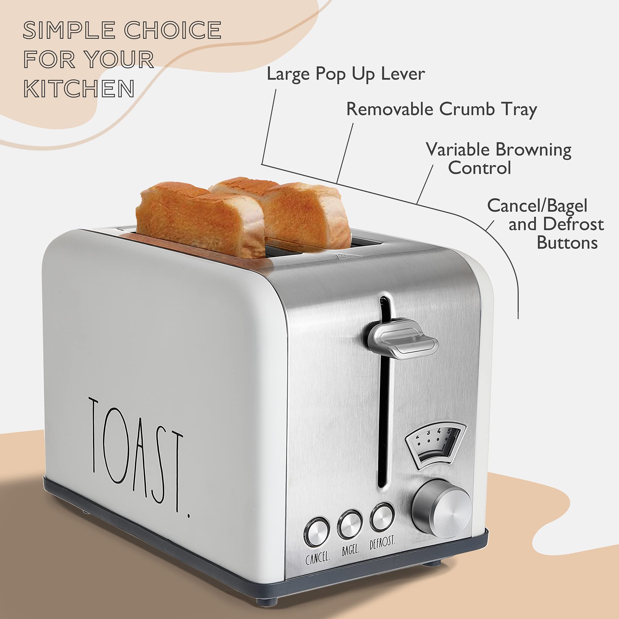 Rae Dunn Toaster, Stainless Steel 2 Slice Square Toaster, Wide Slot with 5 Browning Levels, with Bagel, Defrost and Cancel Options (Cream)