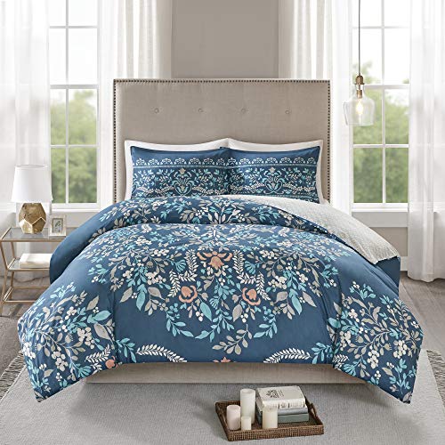 Madison Park Eden 3 Piece Cotton Printed Reversible Duvet Cover Set, Full/Queen(90"x90"), Navy