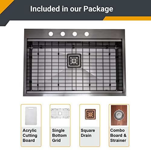 Strictly Sinks 33β Topmount Kitchen Workstation Sink-Gunmetal Black Single Bowl 16 Gauge Stainless Steel Drop In Sink, Acrylic Cutting Board,Cutting Board with Strainer Bowl & Bottom Protector Grid
