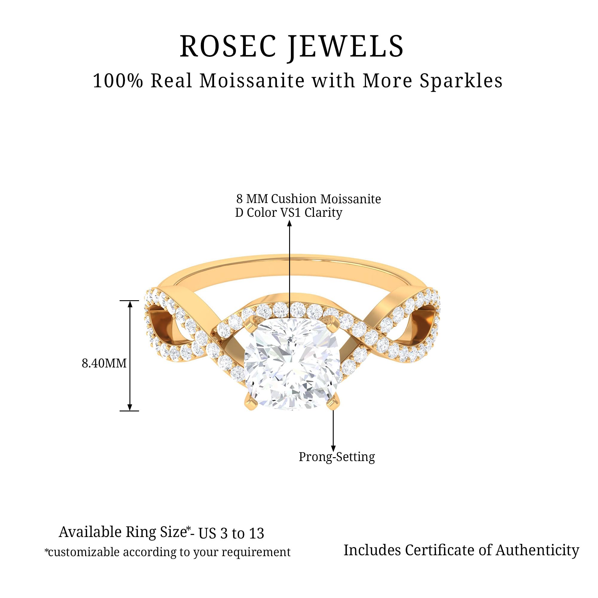 Rosec Jewels 3 CT Certified Moissanite Crossover Infinity Engagement Ring in Gold (7 MM Cushion, D Color VS1 Clarity), 14K Yellow Gold, Size:US 8.00