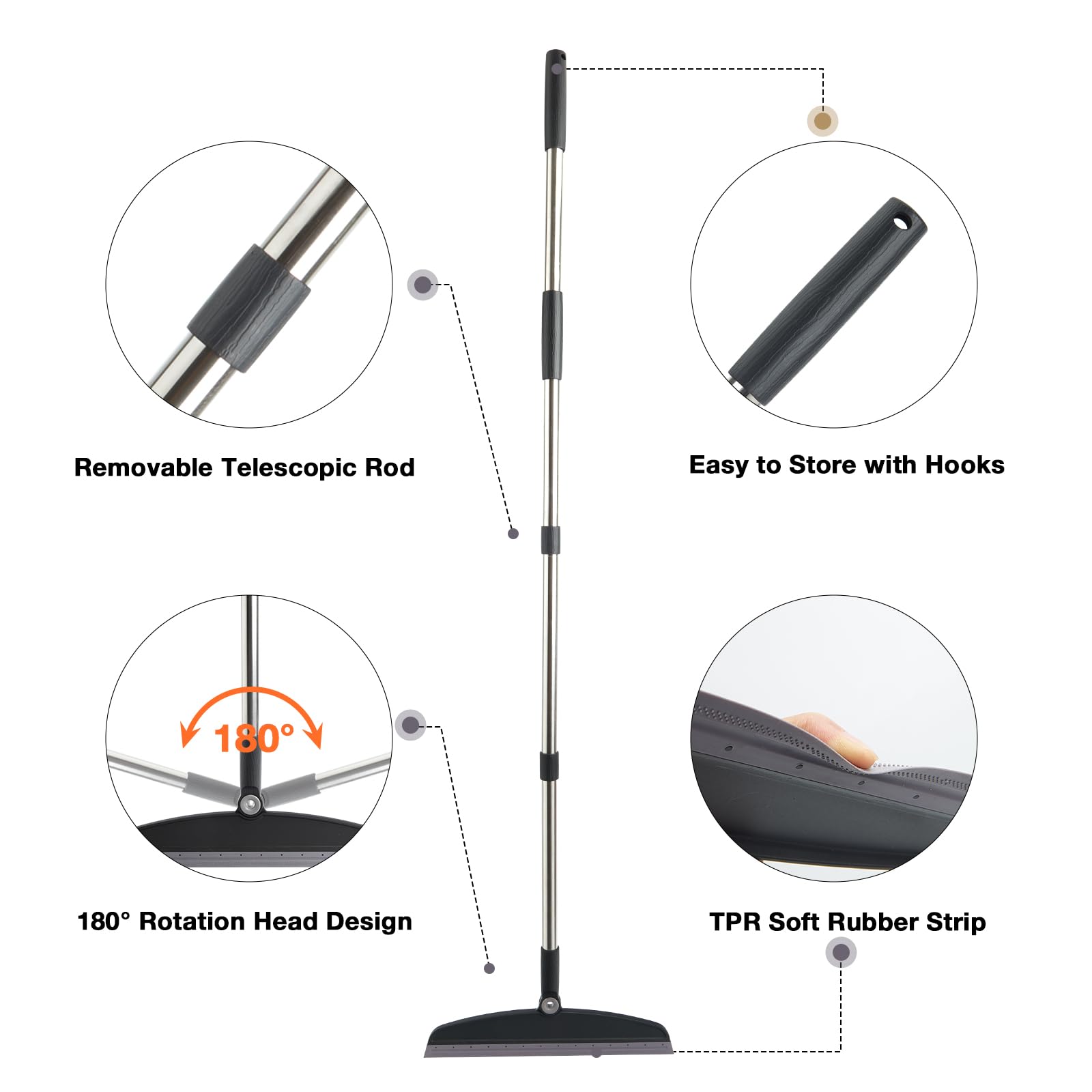 XXFLOWER Silicone Air Broom,Multifunction Magic Broom with Long Handle,Adjustable Rubber Squeeze Broom Sweeping Water,Pet Hair Remover for Carpet,Kitchen,Concrete Floor,Bathroom Tile(Charcoal)