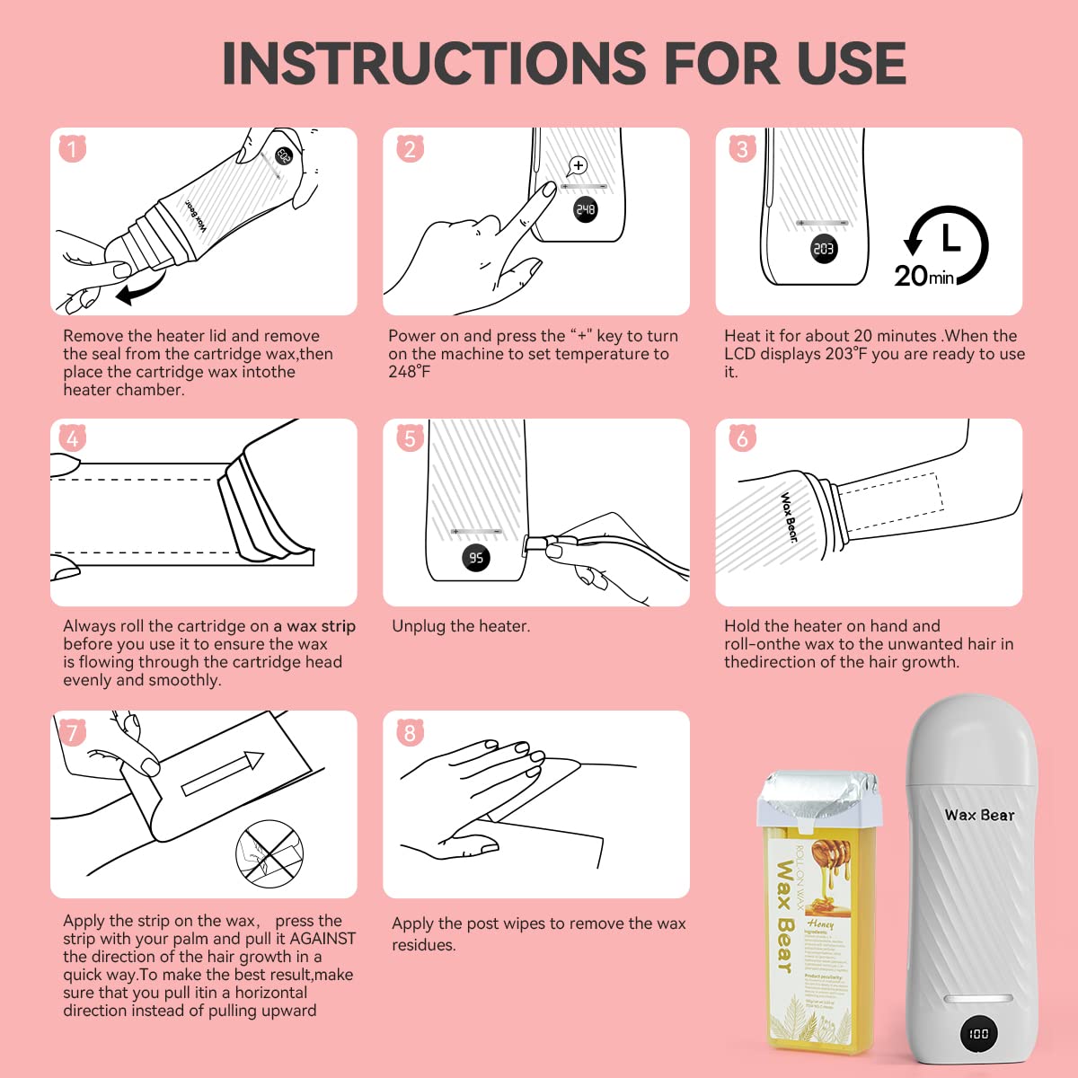 Wax Bear Roll on Wax Warmer Kit with Honey Wax Cartridges for Coarse Hair Removal - Professional At-Home Waxing