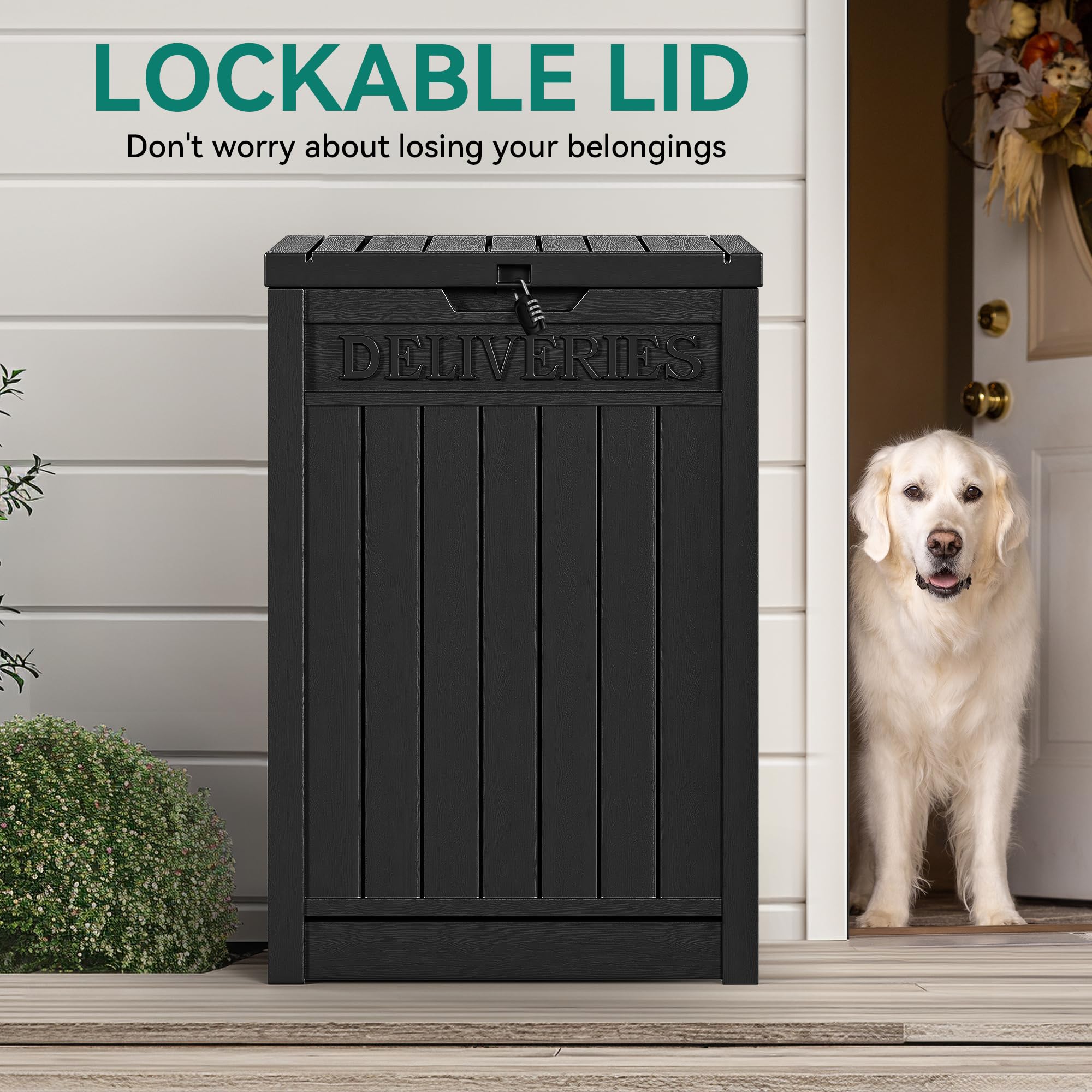 YITAHOME 51 Gallon Resin Package Delivery Box for Outside, Storage Box with Lockable Secure, Resin Deck Box for Porch, Curbside(Black)