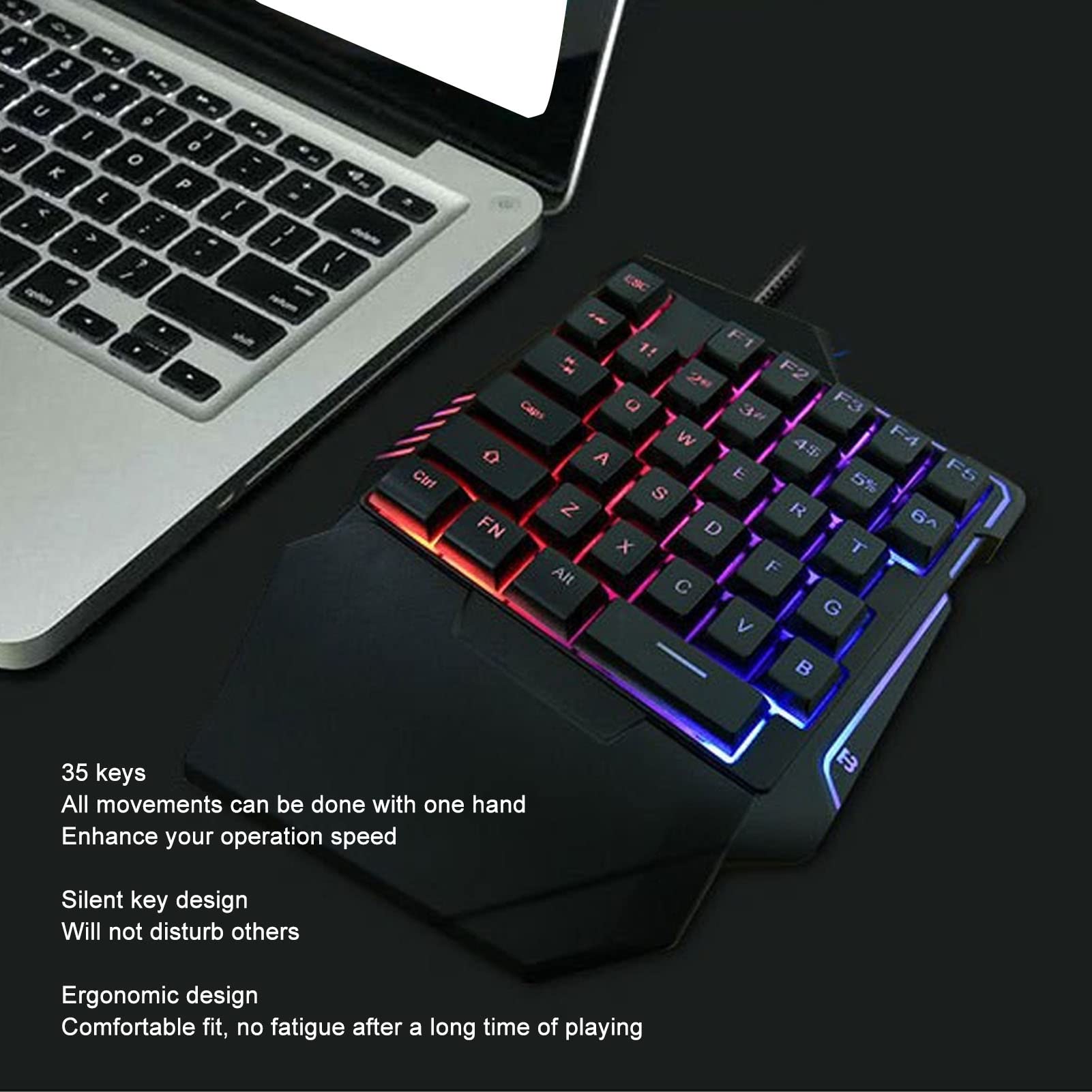 Zunate One Handed Gaming Keyboard, RGB Backlit 35 Keys Portable Mini Gaming Keypad, USB Wired Single Hand Ergonomic Keyboard for Game