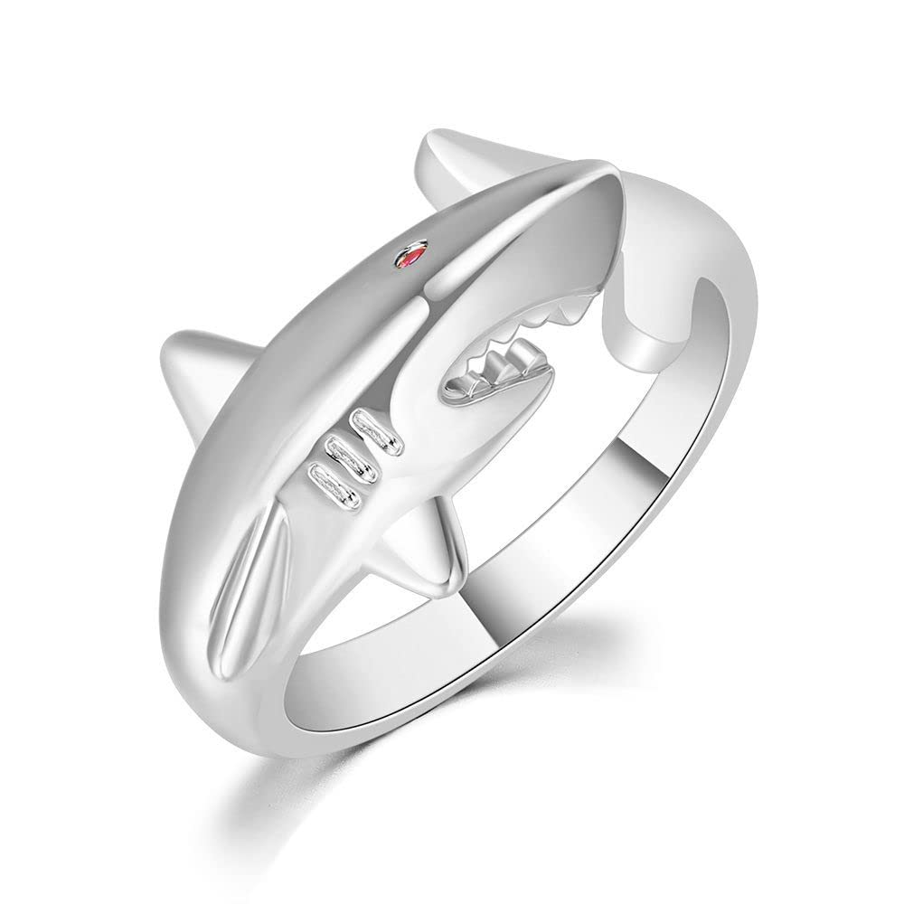NewZenro Shark Red CZ Eye Open Adjustable Statement Wrap Rings For Women Men Sterling Silver Plated Band Finger Animal Personalized Fashion Punk Ring Jewelry Gifts Daughter Birthday