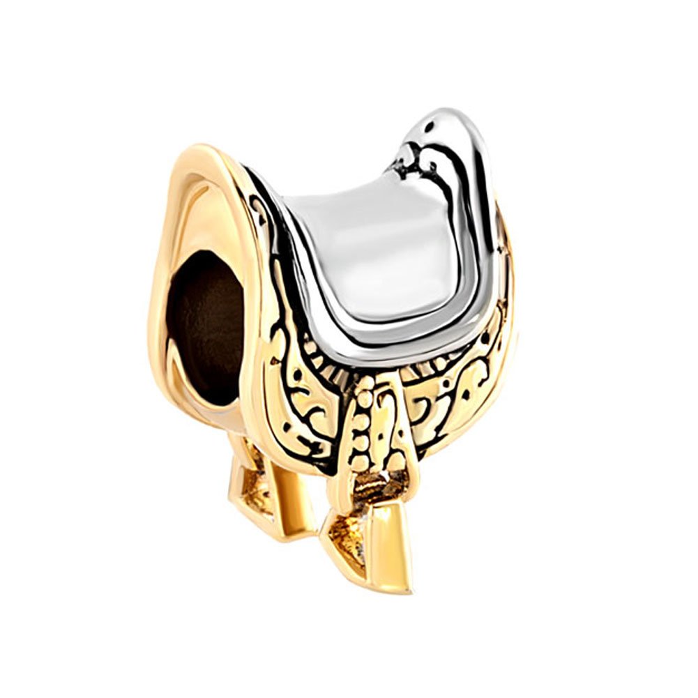 LovelyJewelry Riding Charms Gold Tone Horseshoe Equestrian Saddle Lover Beads For Bracelets