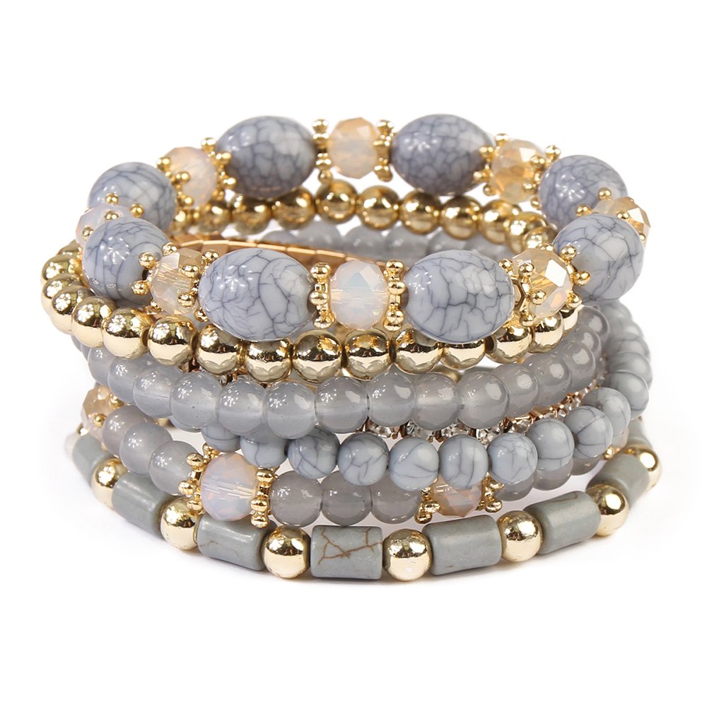 Multi Strand Bead Layering Statement Bracelets - Colorful Beaded Stretch Bangles, Heart/Leaf/Tassel Charm (Bohemian Mix - Gray)