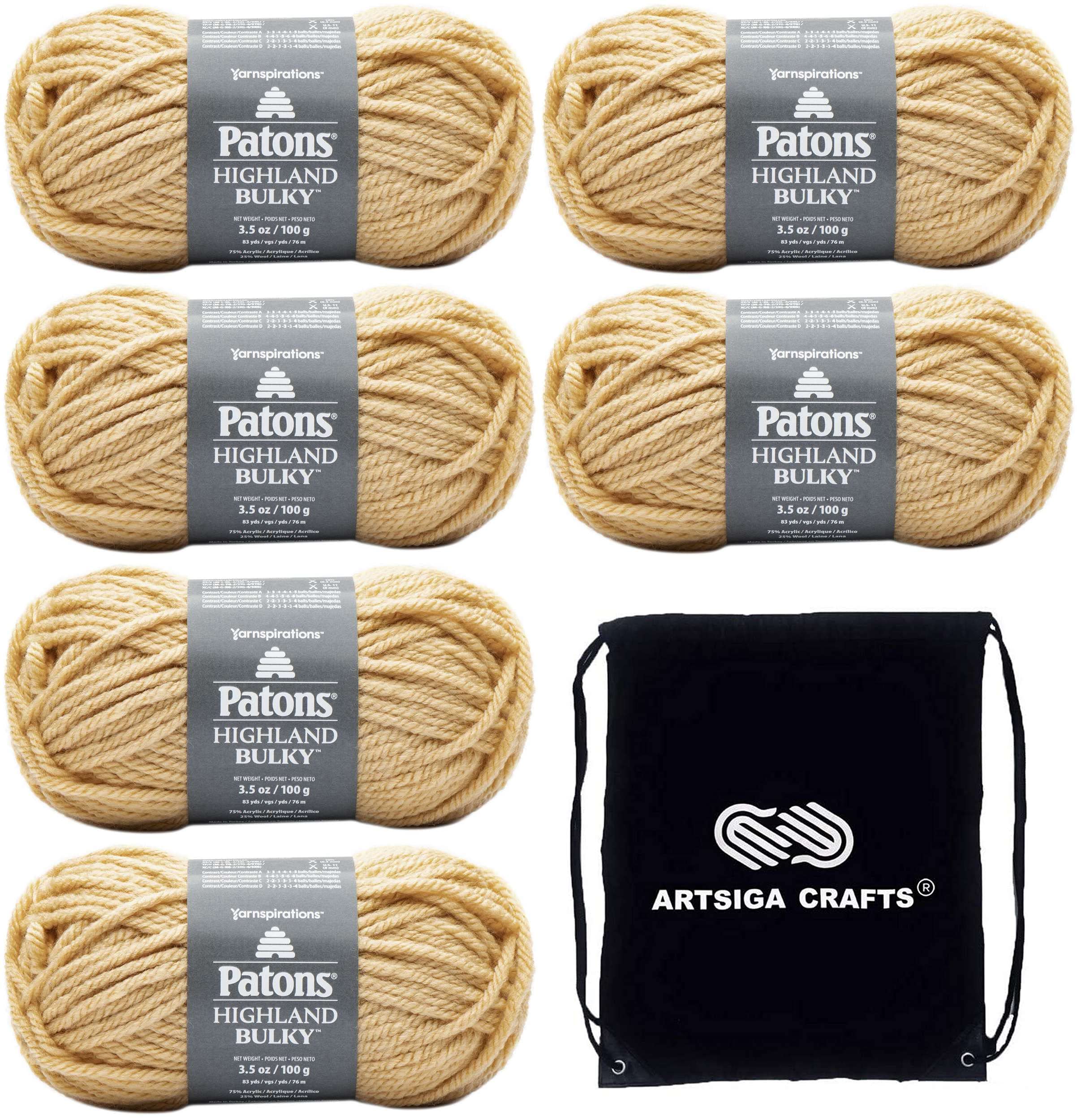 Patons Highland Bulky Yarn Ochre 244713-13007 (6-Skeins) Same Dye Lot Weight S Bulky #6 Soft 75% Acrylic, 25% Wool Bundle with 1 Artsiga Craft Bag