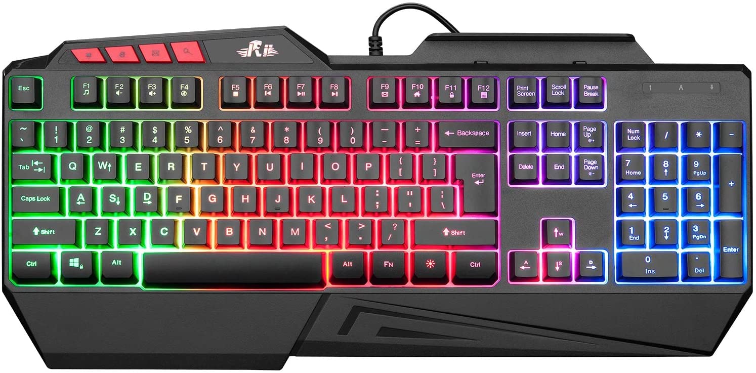 Rii RK202 RGB Gaming Keyboard Multiple Color Rainbow LED Backlit USB Wired Gaming Keyboard,104 Keys Silent Keyboard with Wrist Rest for Windows & Mac PC Gamers (Black)