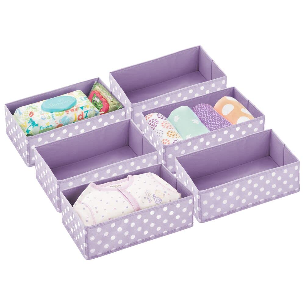 mDesign Soft Fabric Dresser Drawer and Closet Storage Organizer for Toddler/Kids Bedroom, Nursery, Playroom - Rectangular Bin with Polka Dot Print, 6 Pack - Light Purple/White