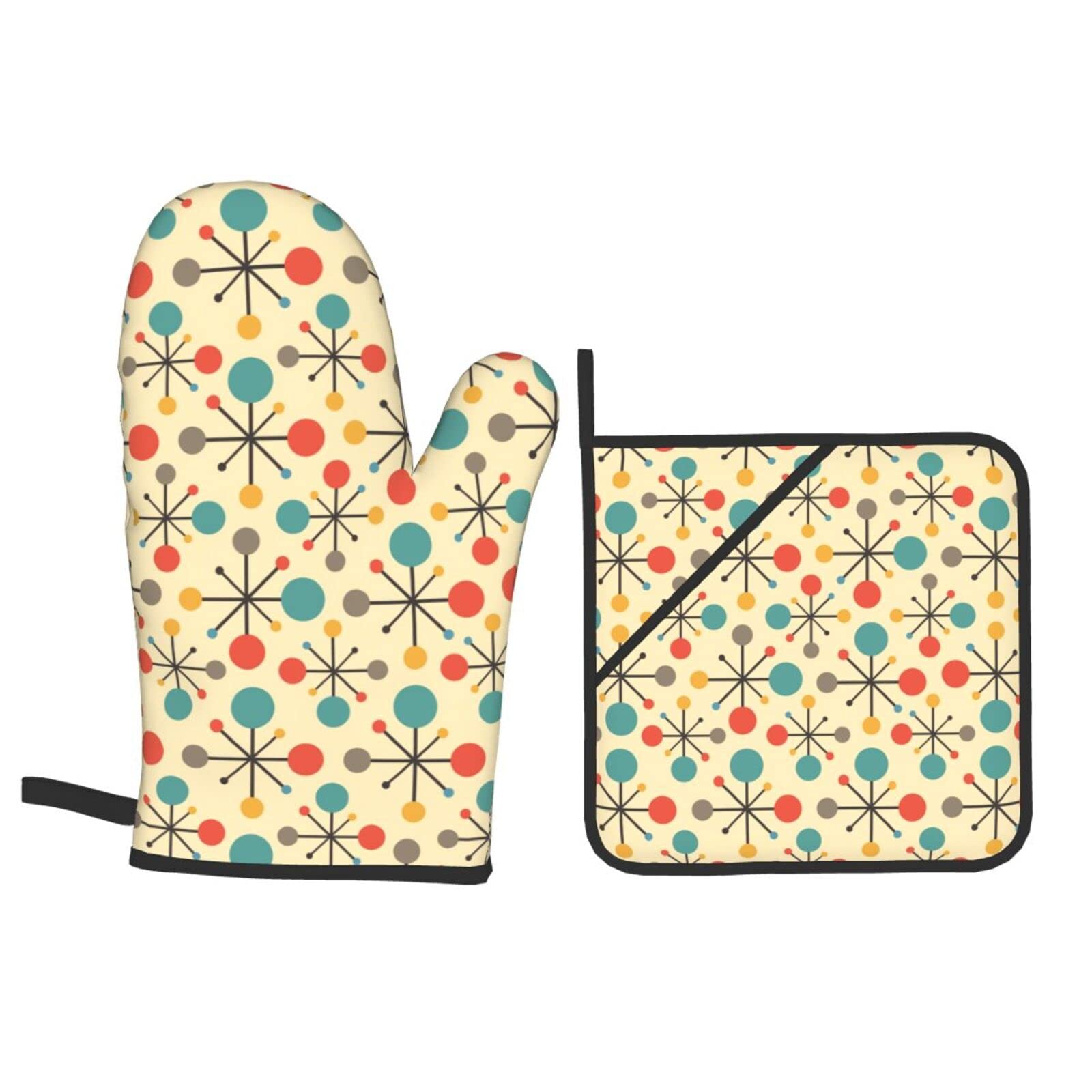 Retro Mid Century Fifties Modern Atomic Oven Mitts and Pot Holders Heat Resistant 4 Pcs Sets Waterproof Non-Slip for BBQ Cooking Baking Grilling