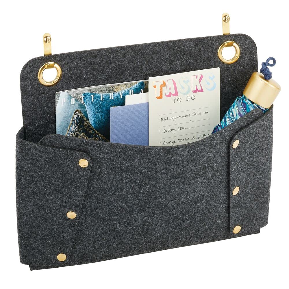 mDesign Soft Felt Over the Door Hanging Storage Organizer for Closets in Bedrooms, Hallway, Entryway, Mudroom - Hooks Included - Textured Print, 2 Pack - Dark Gray/Gold