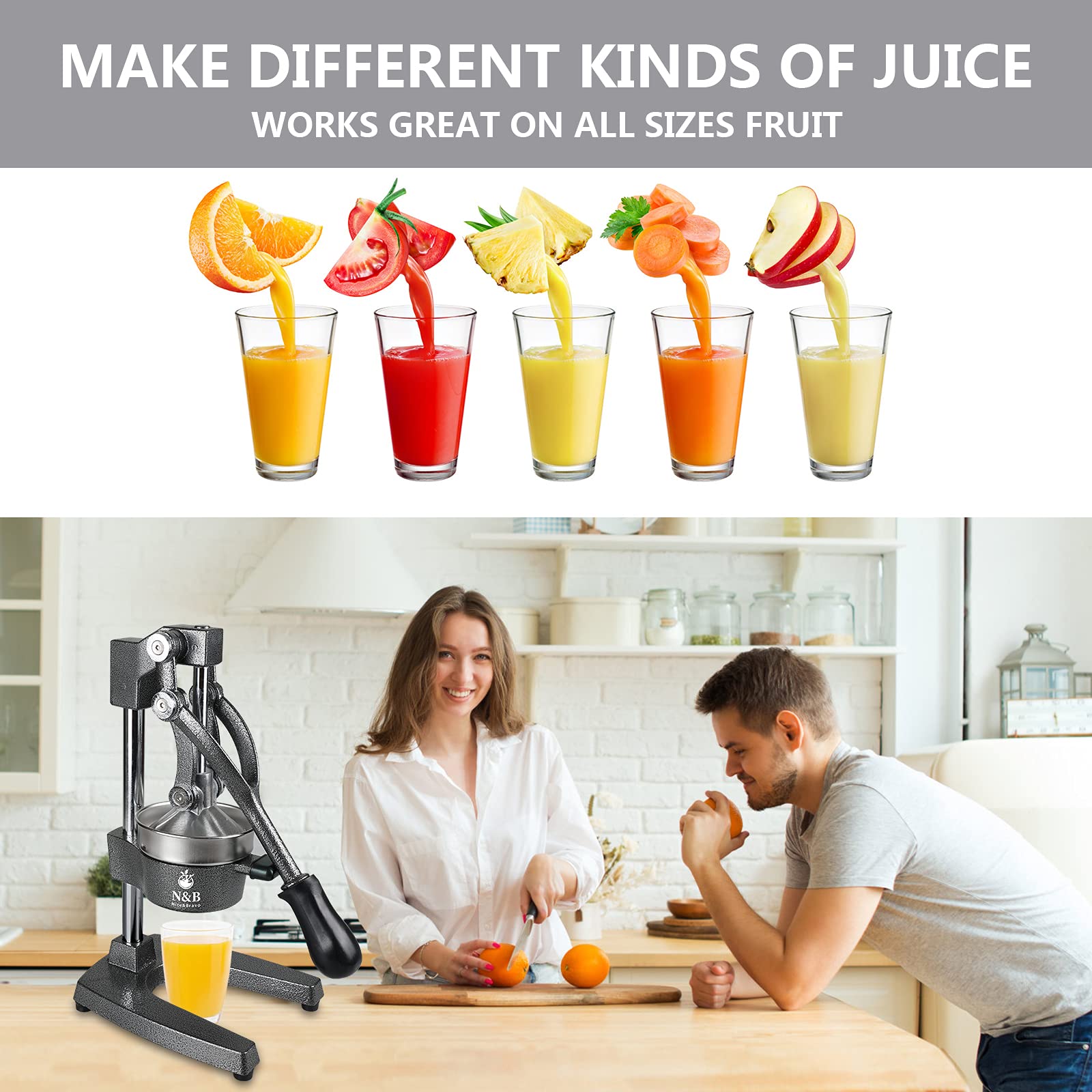 N&B NICE&BRAVO Professional Commercial Grade Hand Juicer,Manual Citrus Press Orange Squeezer Heavy Duty Manual Orange Juicer Metal Lemon Squeezer Premium Quality Upgrade,Grey