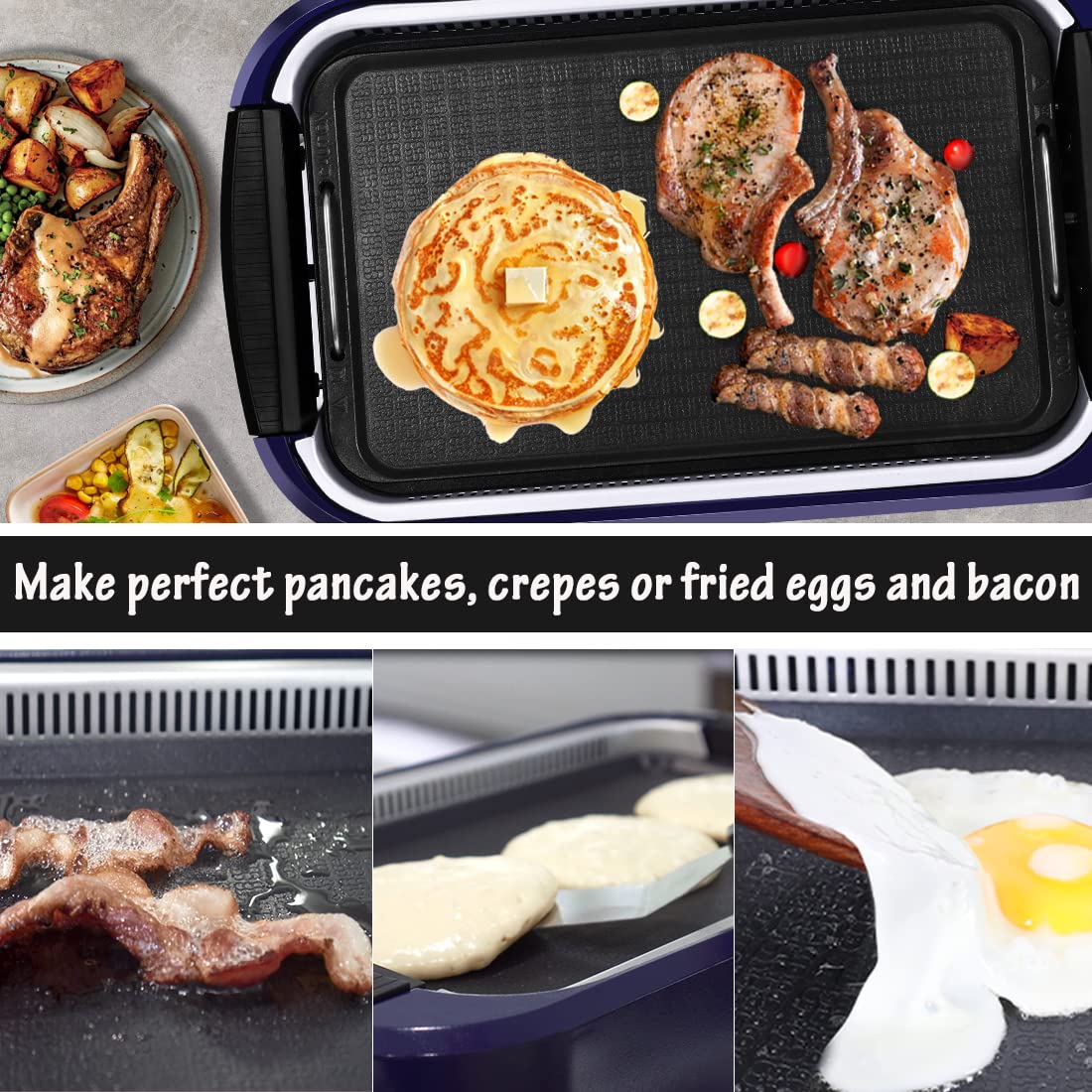 Smokeless Indoor Grill, CUSIMAX Electric Grill with Tempered Glass Lid, 1500 Indoor Grill & Flat Top Griddle for Cusimax Smokeless Grills, Pancake Griddle Plate, Dishwashe-safe, Blue