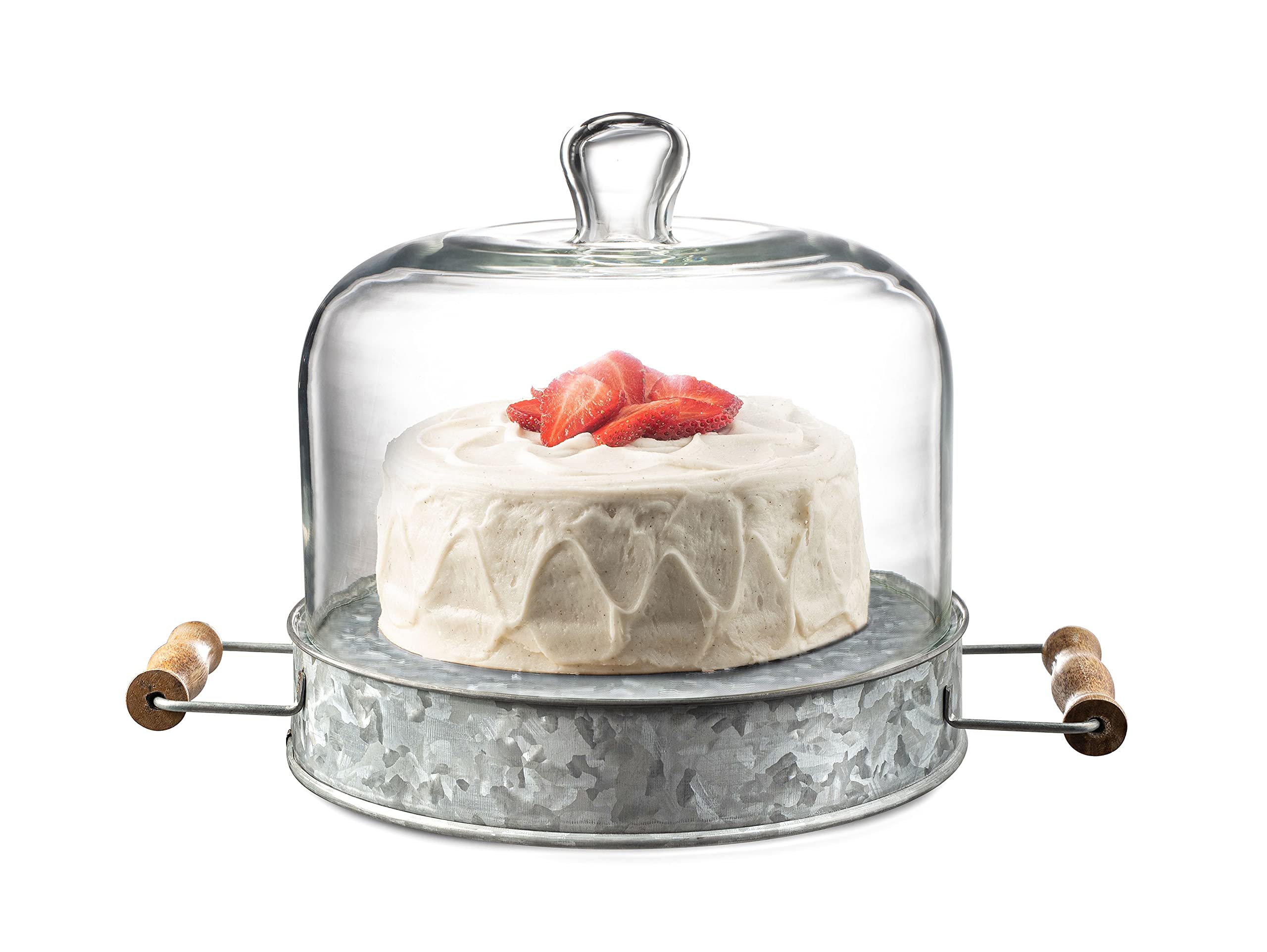 Royalty Art Farmhouse Cake Plate with Glass Dome, Rustic Kitchen and Dining Room Platter with Carry Handles, Galvanized Steel Base, Decorative Home Decor for Cupcakes and Pastries