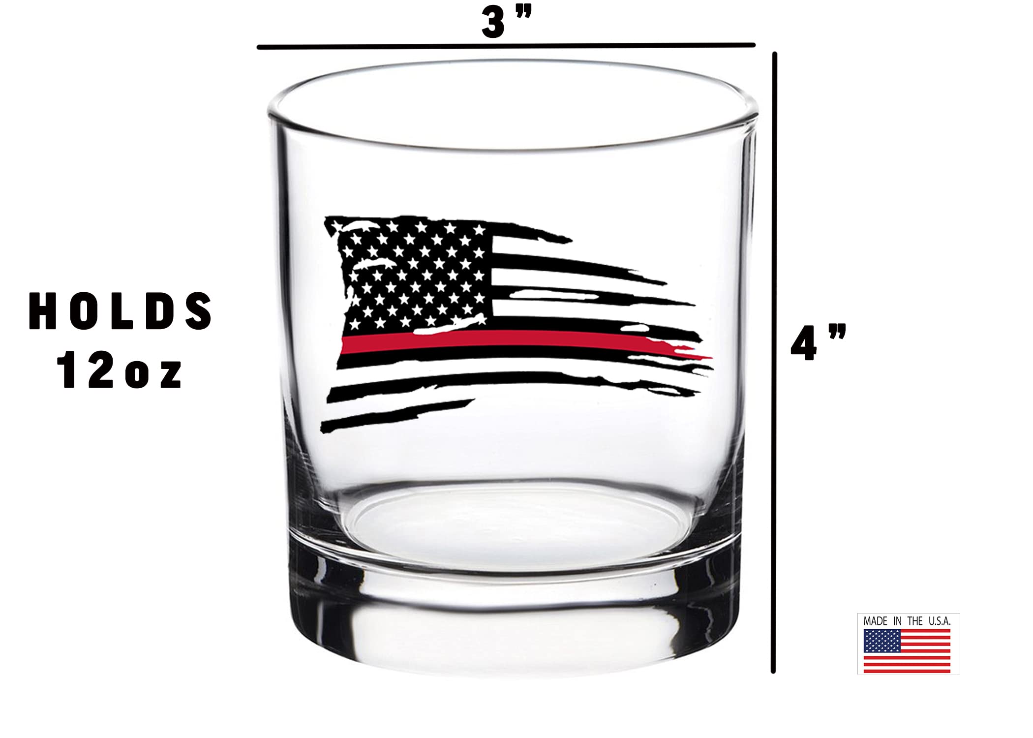 Rogue River Tactical Tattered Waving Firefighter Thin Red Line Flag Old Fashioned Whiskey Glass Drinking Cup Gift For Fire Fighter Department FD
