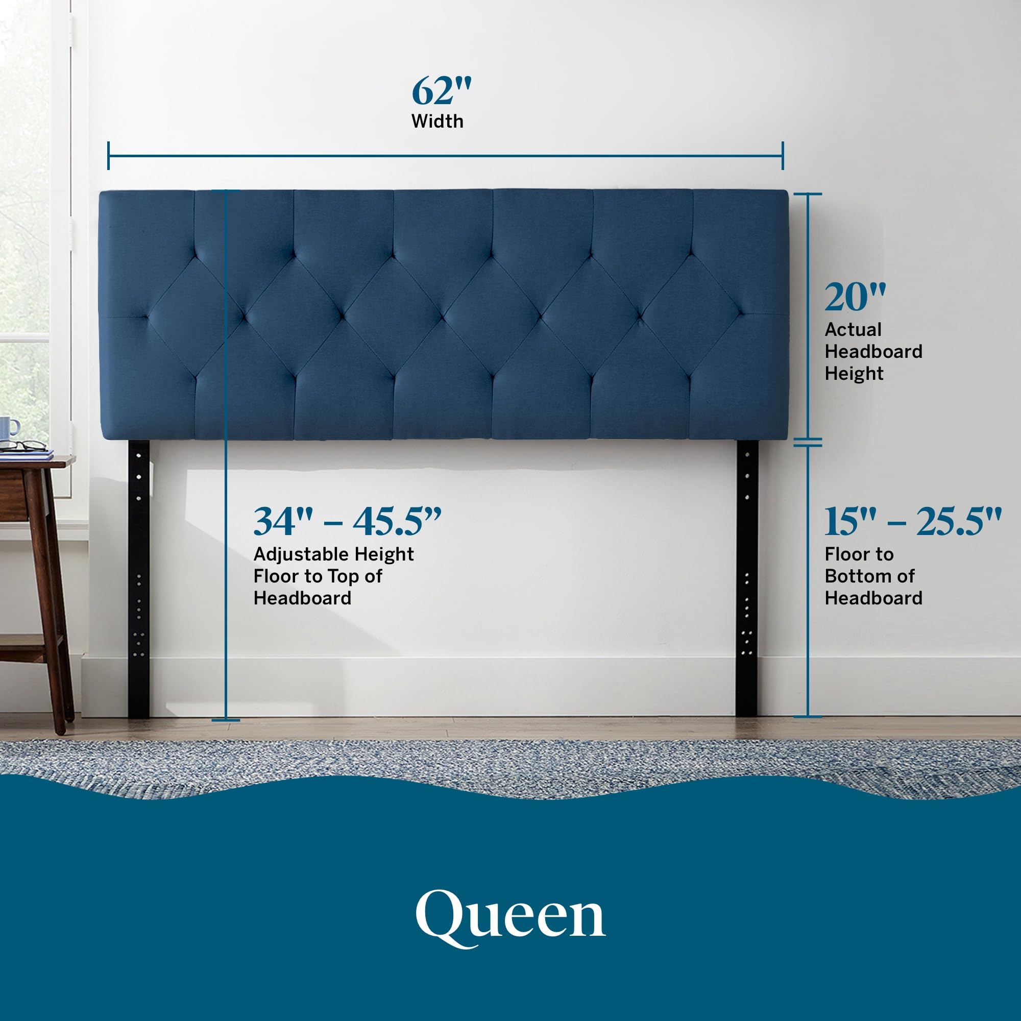 LUCID Mid-Rise Upholstered Headboard - Diamond Tufted - Padded Polyester - Adjustable Height from 34β to 46β - Easy Assembly - Bed Frame or Wall Mount - Sturdy - Cobalt - Queen Size
