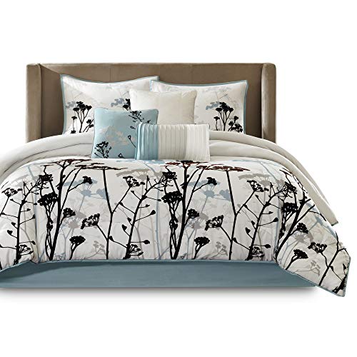 Madison Park Matilda Comforter Scenic Design All Season Hypoallergenic Down Alternative Set, Matching Bed Skirt, Decorative Pillows, Queen(90"x90"), White 7 Piece