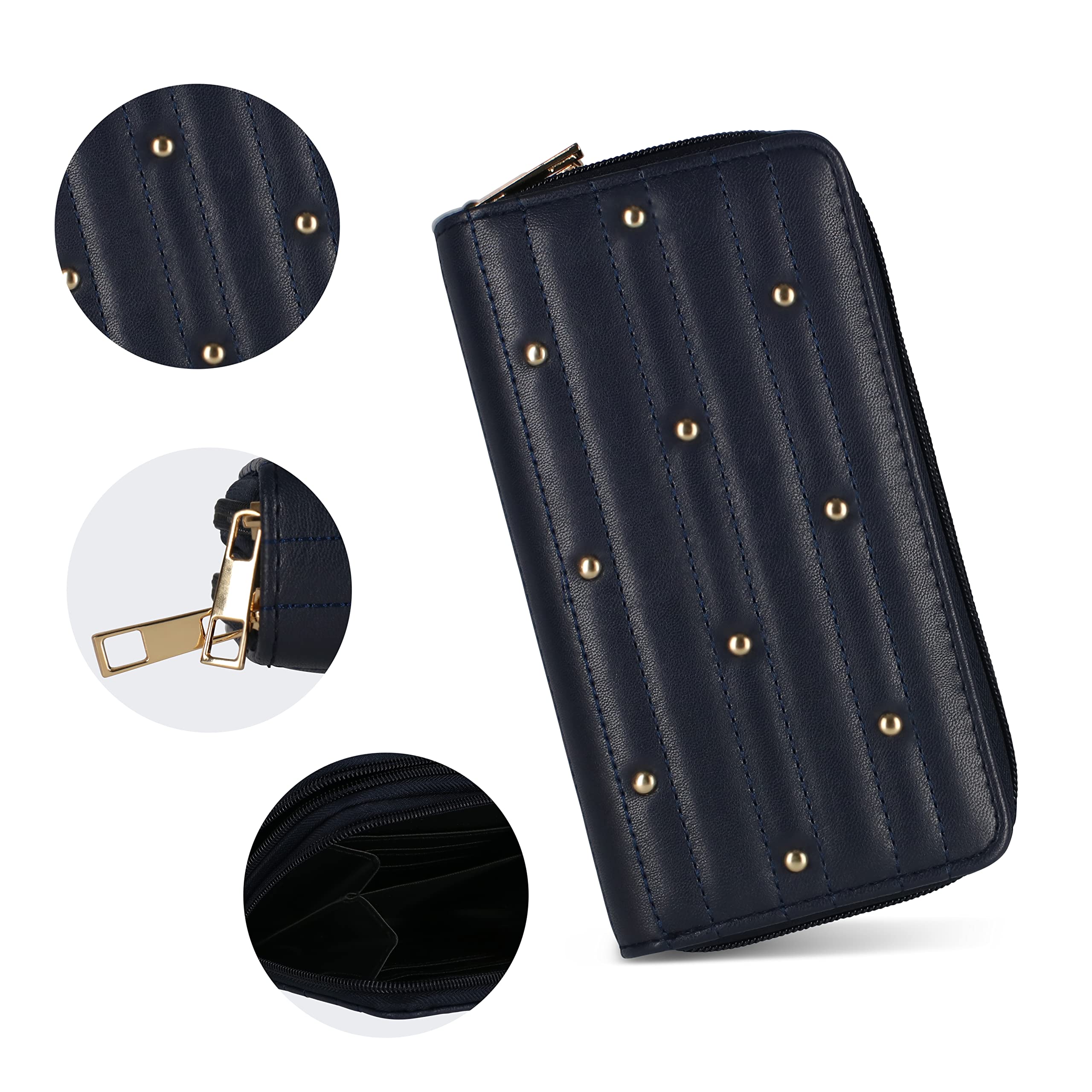 Stud Wallet for Women - Double Zip Around Ladies Clutch Purse Organizer with Card Slots and Coin Purse (Navy Blue)