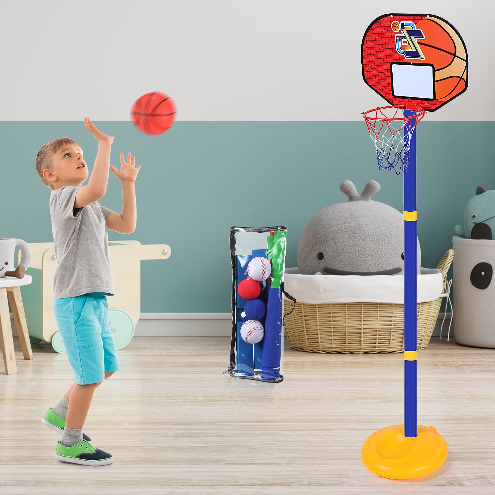 Supervitae Baseball and Basketball Training Set for Kids Include Basket Hoop Foam Baseball Tee Carry Bag Adjustable Height Toddler Kid Back to School Sport Gift(Classic)