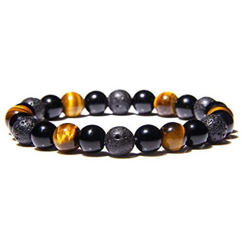 Rustenhof Triple Protection Bracelet,for Protection - Bring Luck and Prosperity,Hematite Beads+Black Obsidian+Tiger's Eye Stone Bracelets (8mm volcanic stone + tiger eye)