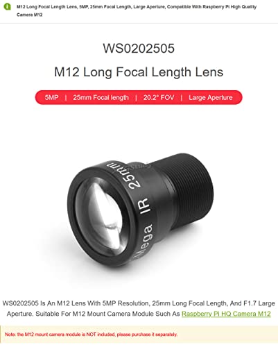XYGStudy M12 Long Focal Length Lens, 5MP, 25mm Focal Length, Large Aperture, Compatible with Raspberry Pi Camera M12 (WS0202505)