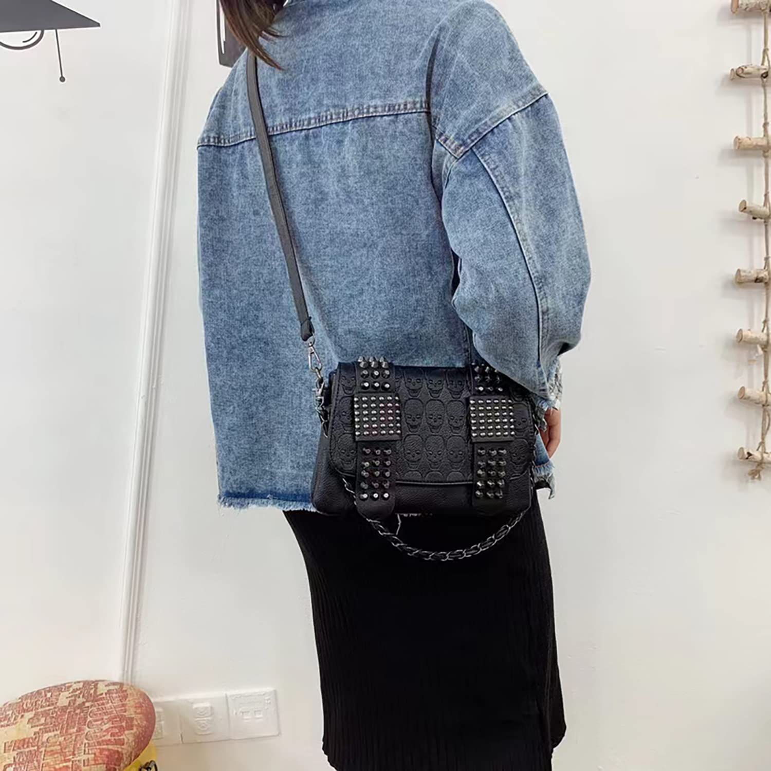 Studded Skull Messenger Bag for Women, Vegan Punk Chain Bag Gothic Purse Shoulder Crossbody Rivet Handbag