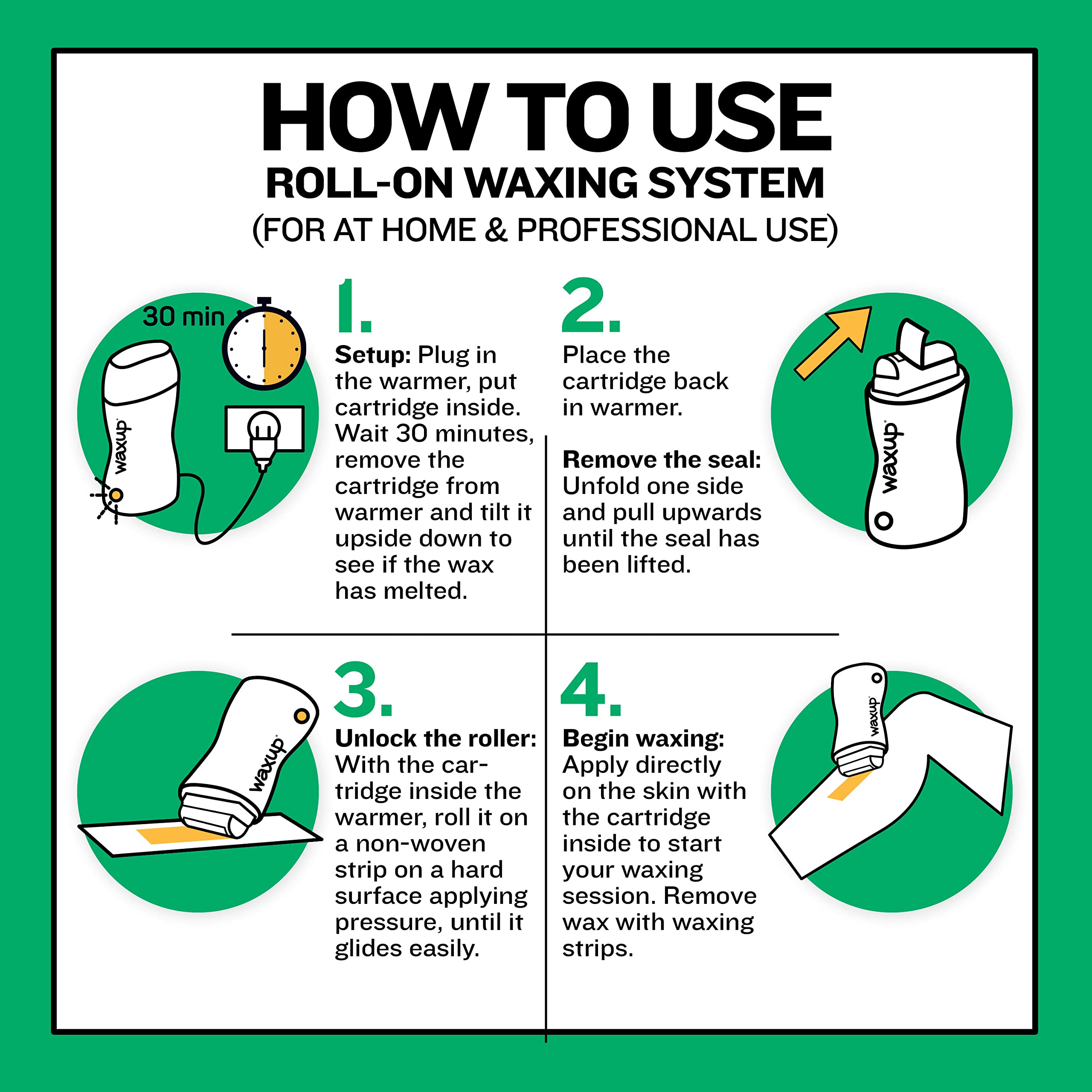 waxup Aloe Vera Roller Kit - Roll On Wax Heater, 4 Cartridges, 100 Strips, and Waxing Oil