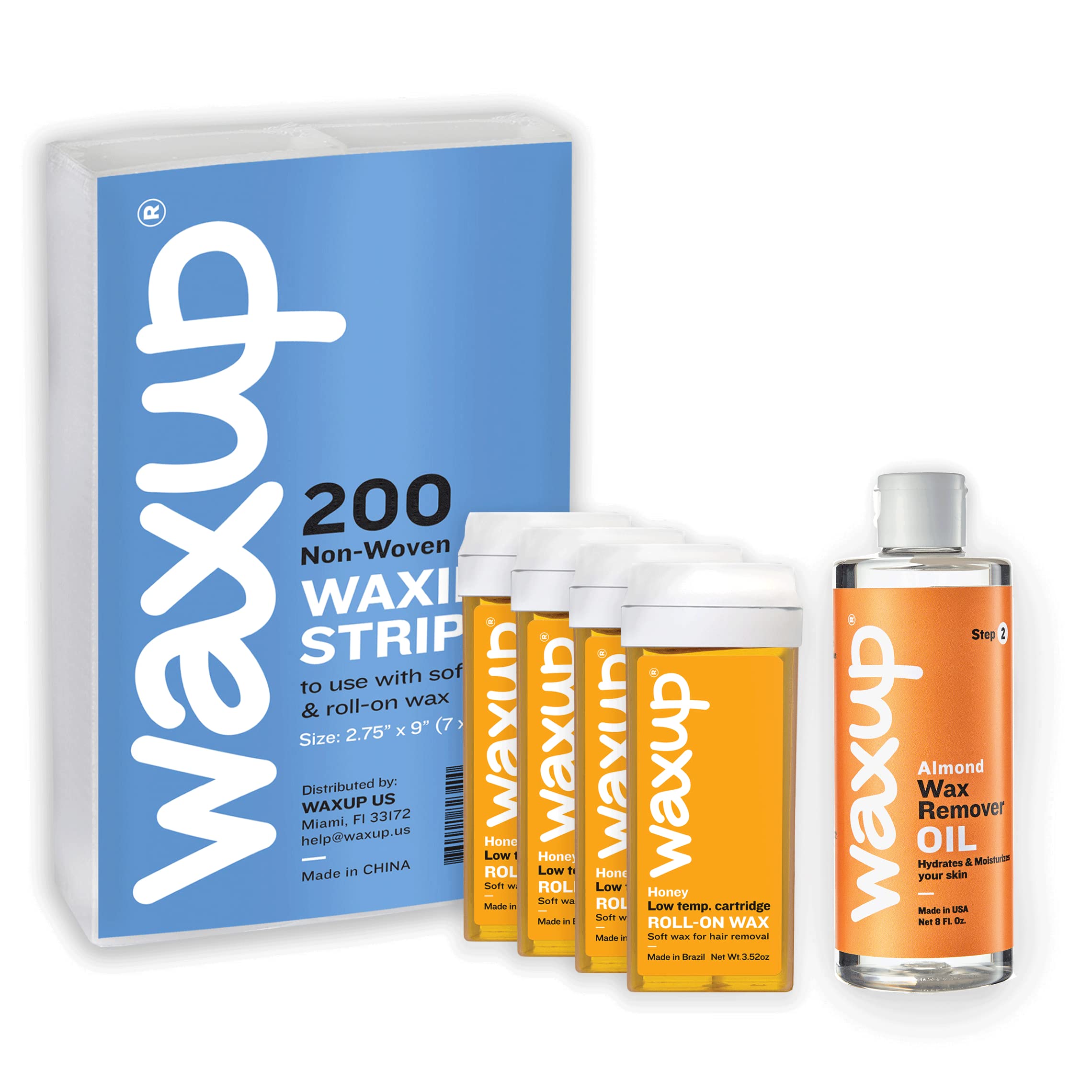 waxup Honey Roll On Wax 4 Pack and 200 Wax Strips, Almond Oil Wax Remover, Hair Removal Waxing Kit.