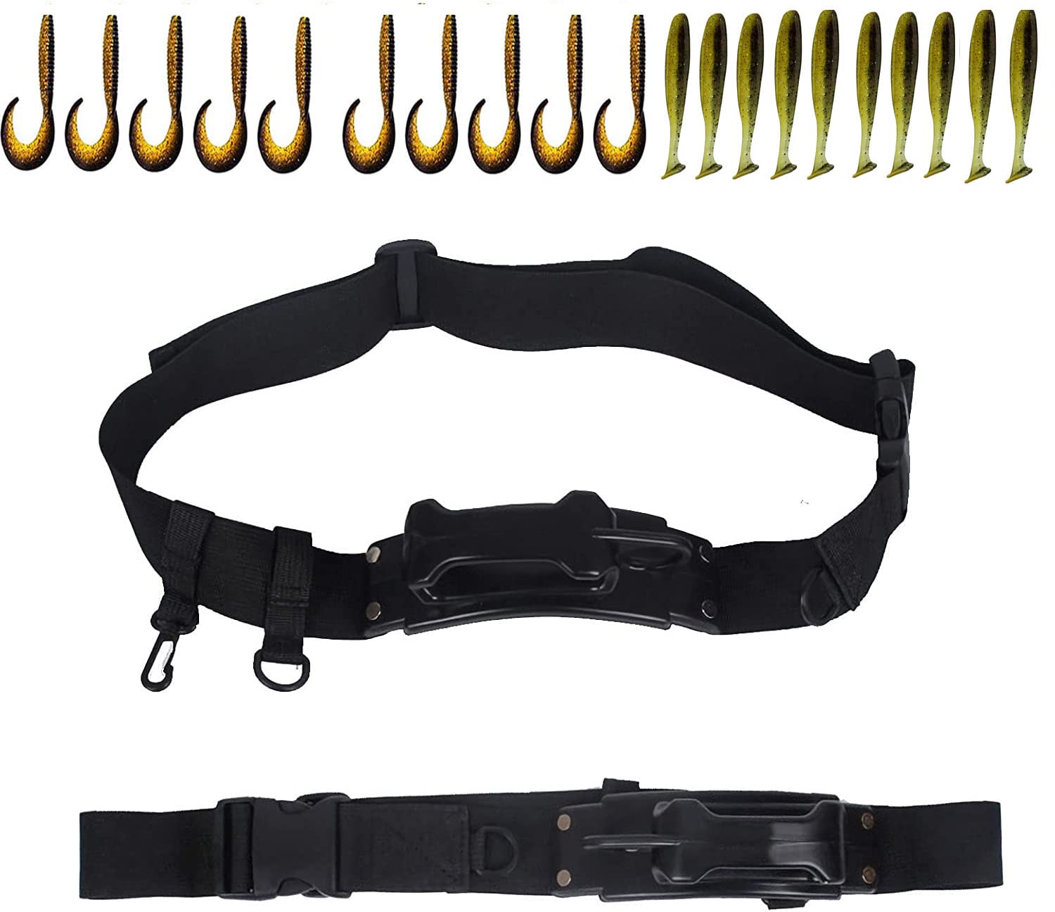 RILEYSON Fly Rod Holder,3rd Hand Belt,Fishing Wading Belt,Fishing Belts Outdoor Lure Fishing Essential Tool with 25pcs Soft Lures, Black