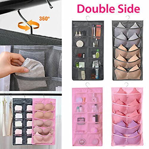 YUNZSXJY Bra organizers hanging bra storage bra hanger Double Sided with Pockets,Space Saving closet organzier for Bra underwear Clothes Socks wardrobe (Gray, 3PCS 6+6 Pockets)
