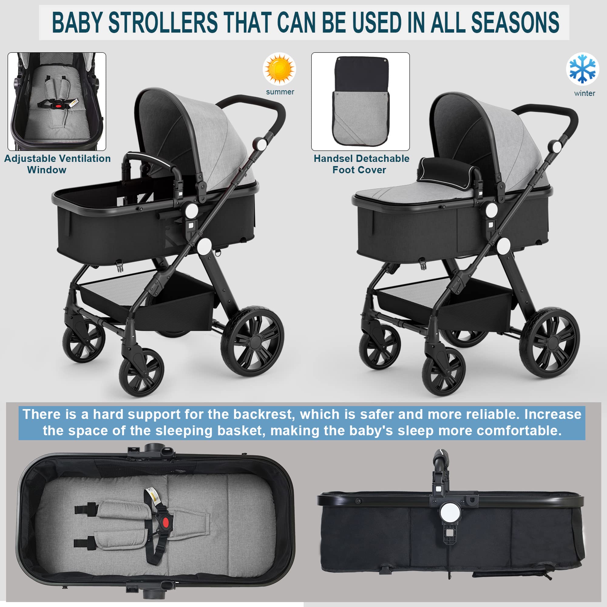 Newborn Infant Baby Bassinet Stroller - Sleeping & Sitting Mode 2 in 1 All Terrain High Landscape Shock Absorption Sunshade Comfortable Baby Toddler Strollers for 0-36 Months Old Babies Light Purple